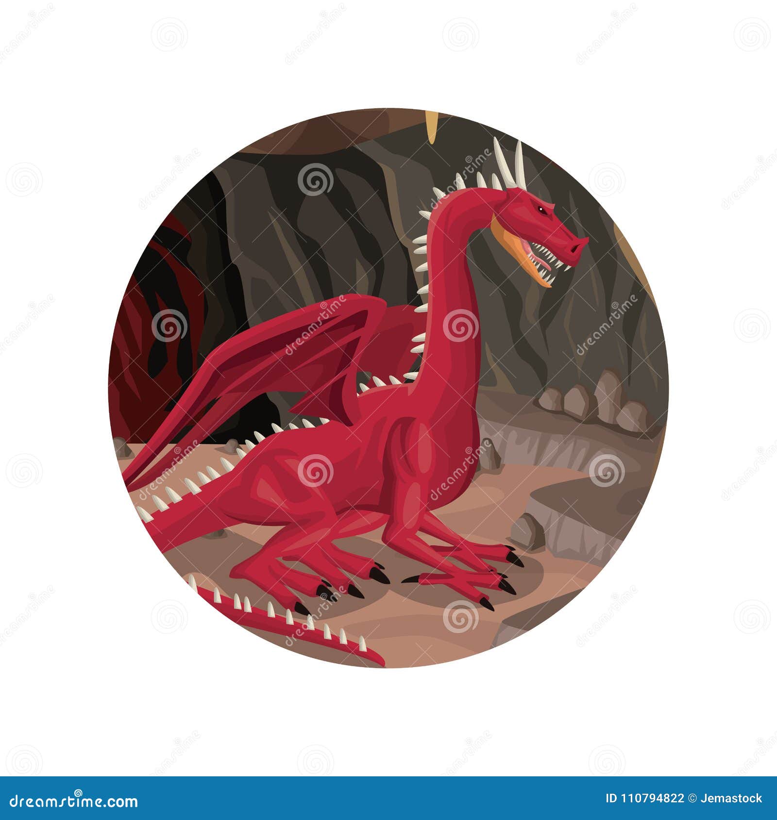 Circular Frame with Cave Interior Scene and Dragon Greek Mythological ...