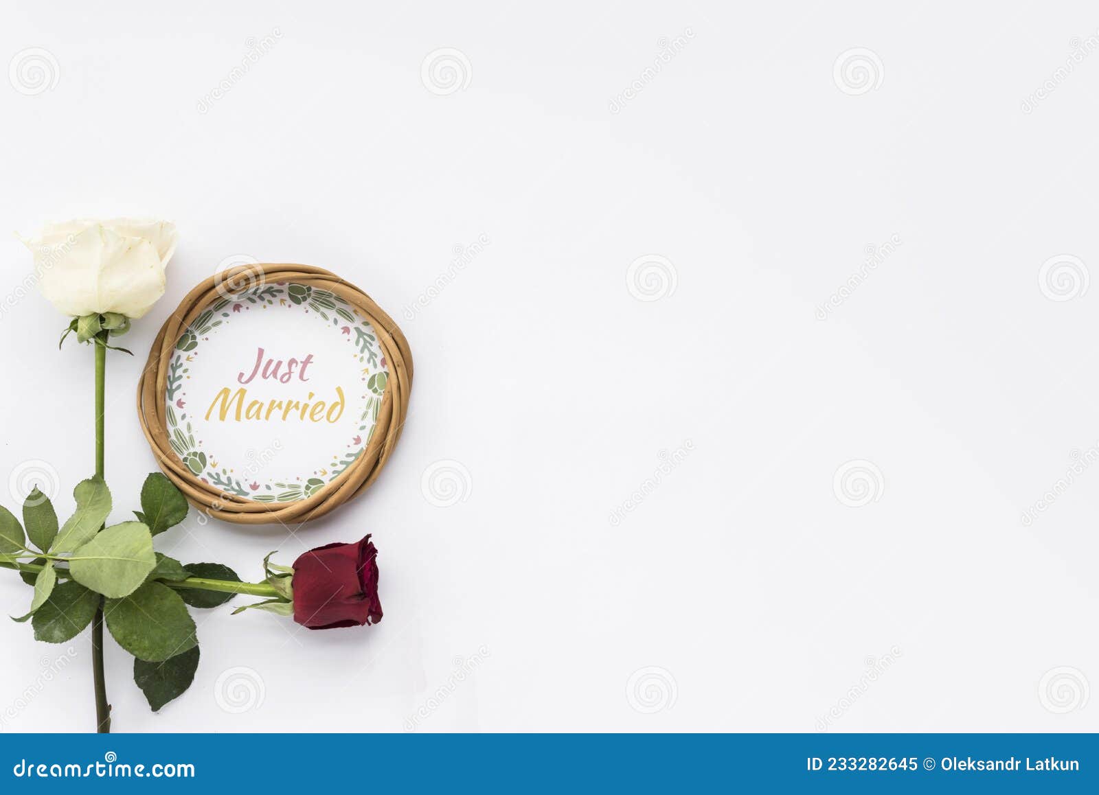 Circular Frame with Just Married Text Flowers White Surface. High ...