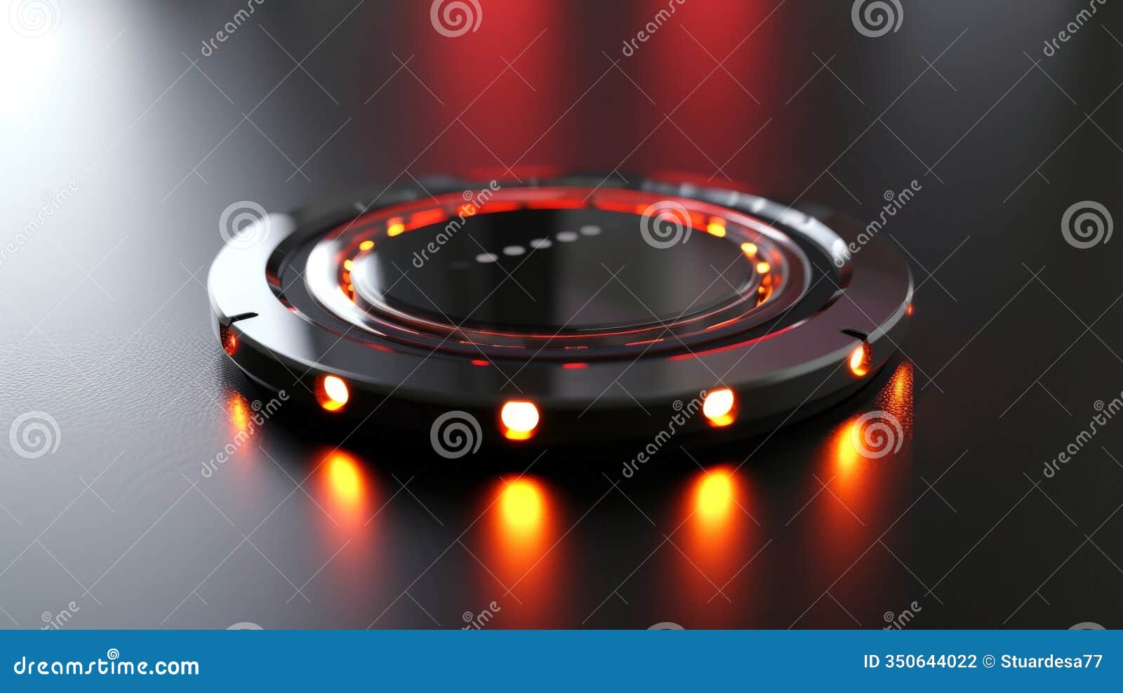 Circular Futuristic Device with Glowing Red Lights on Black Surface ...