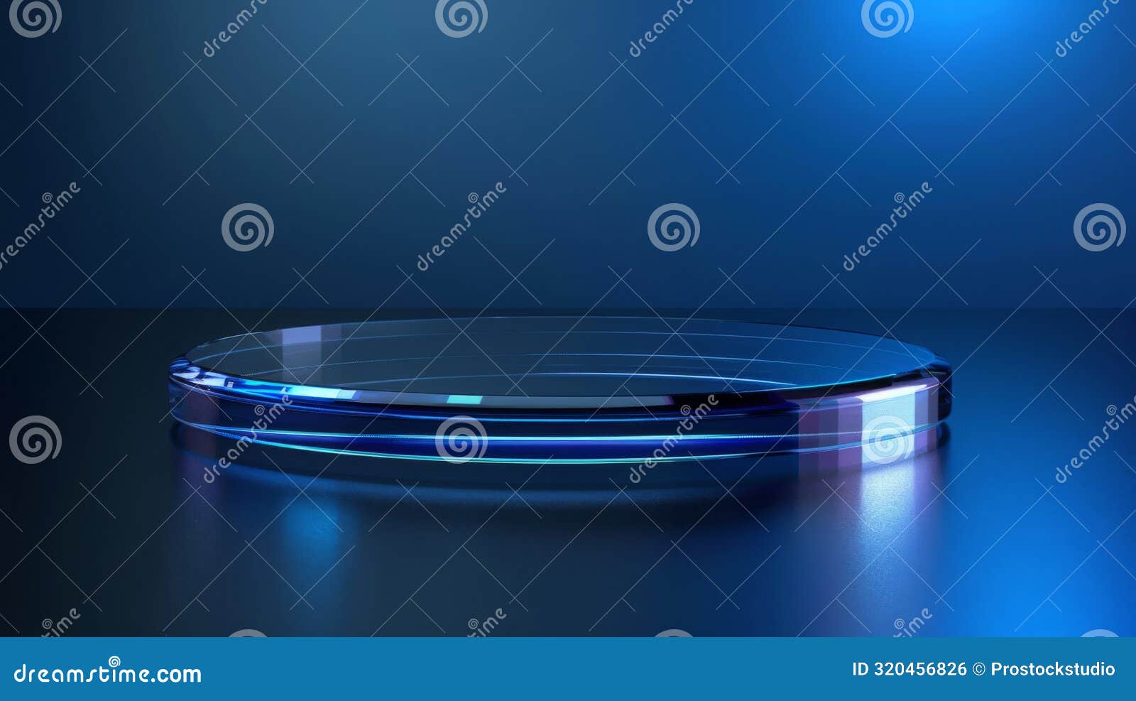 Circular Glass Platform in Blue Light on Reflective Surface at Night Stock Photo - Image of ...