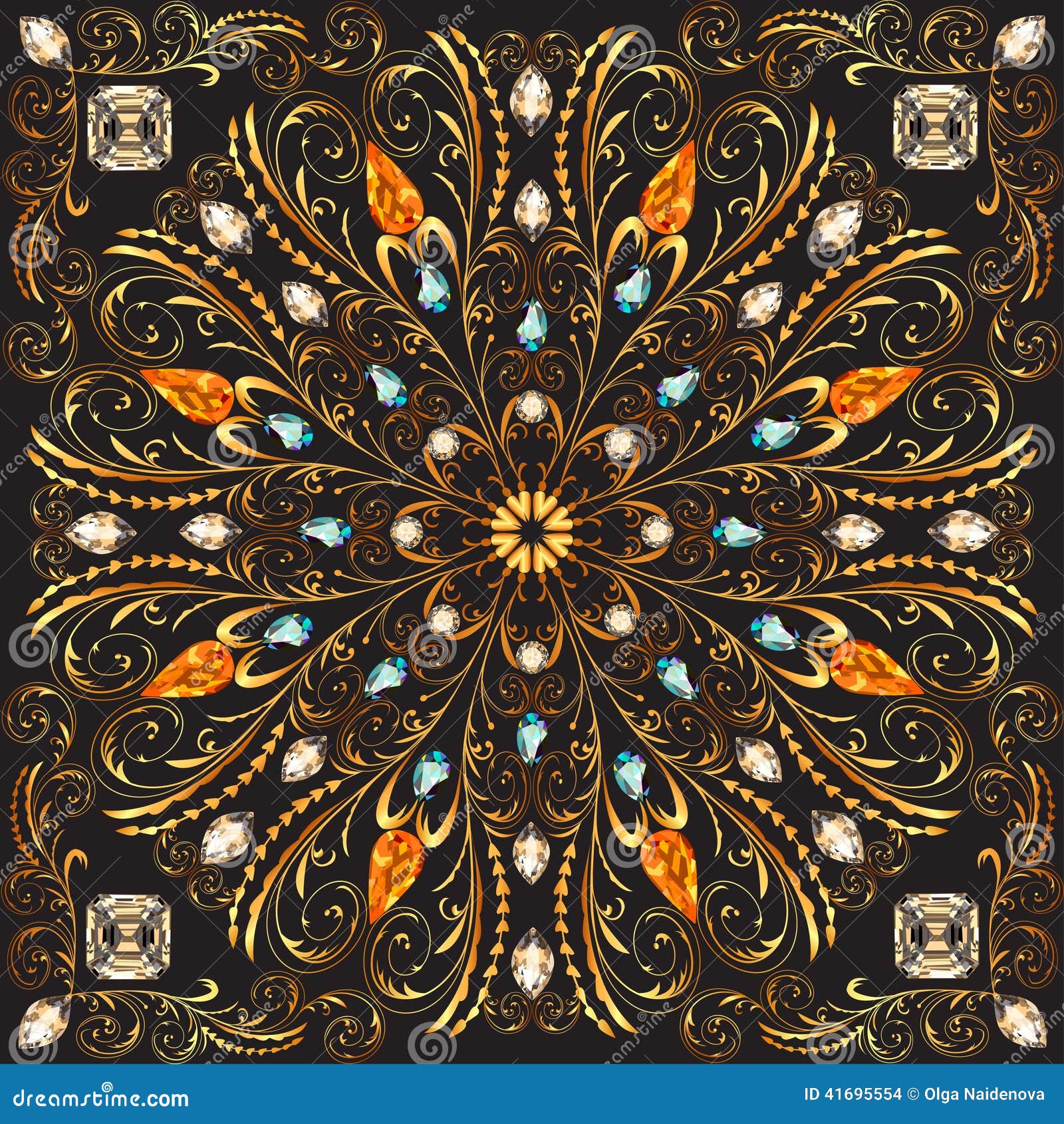 Of a Circular Gold Floral Patterns and Precious Stones Stock Vector ...