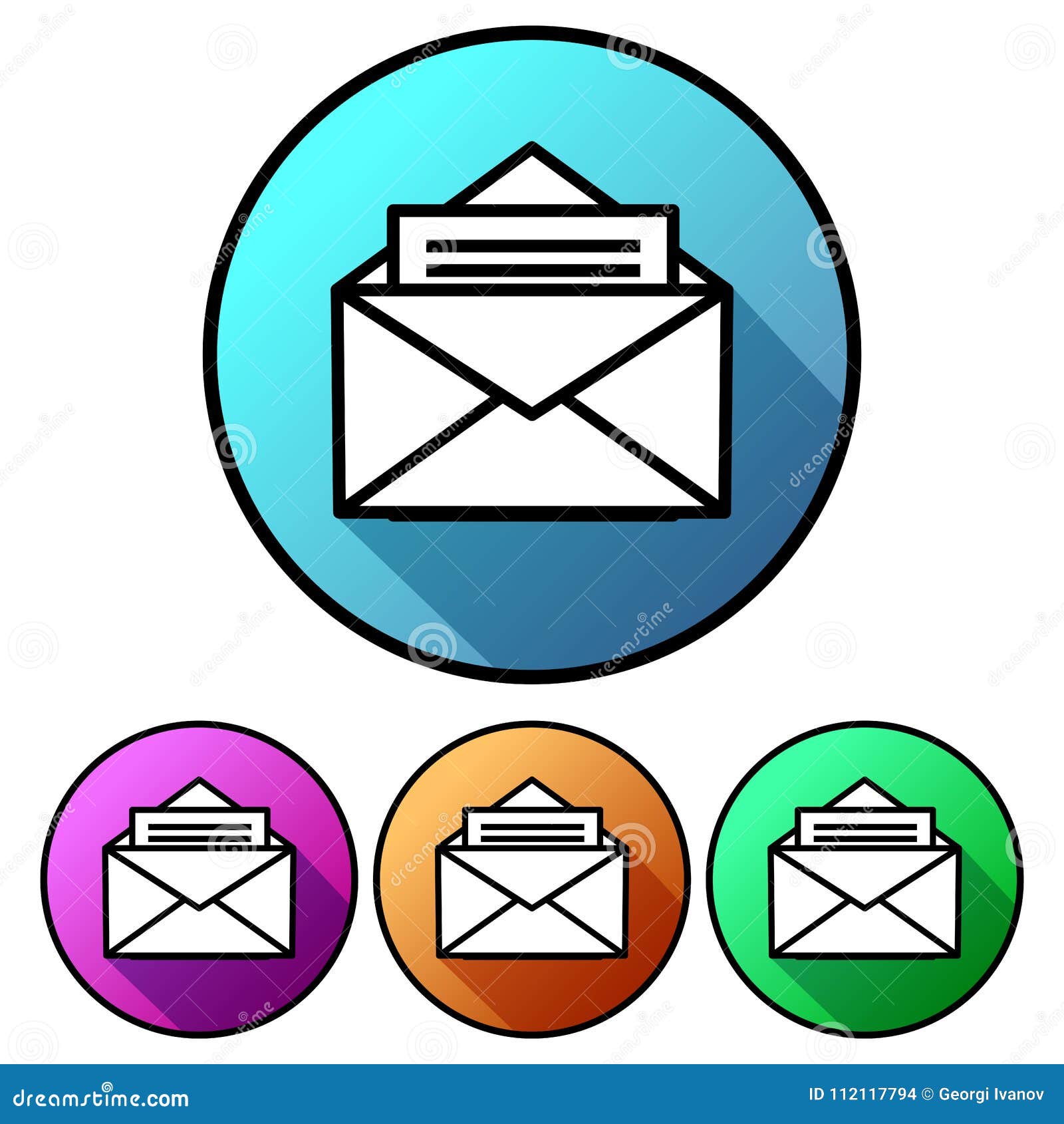 Circular, Gradient Icon of an Open Envelope Mail. Four Color Variations ...