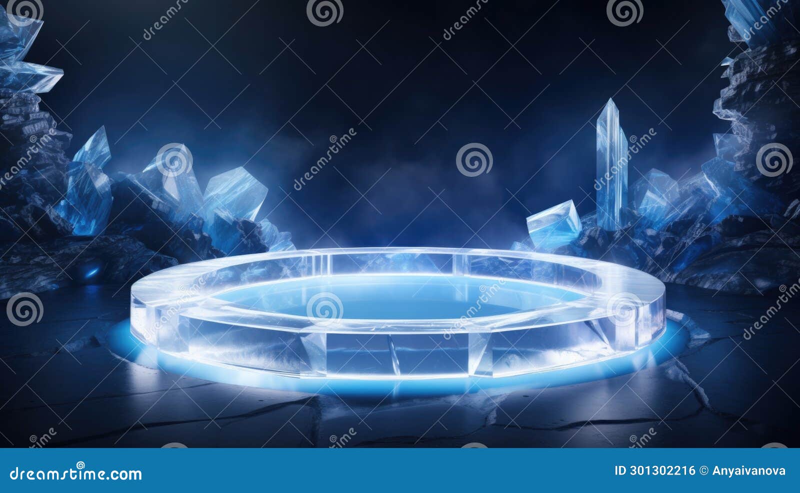 Circular Ice Sculpture Surrounded by Ice Crystals. Empty Blank Podium ...