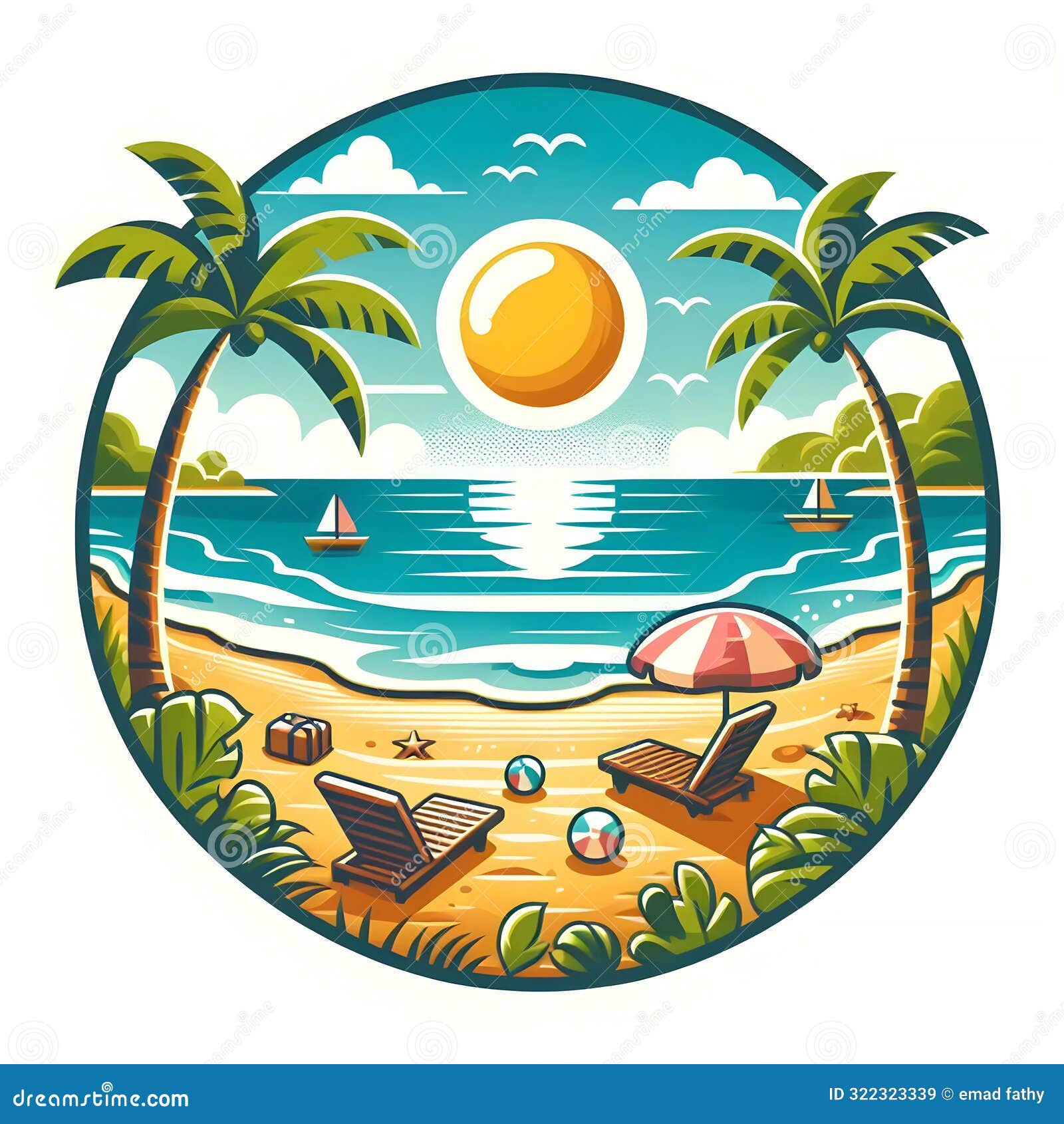 Circular Illustration of a Beach in Summer with a White Background ...