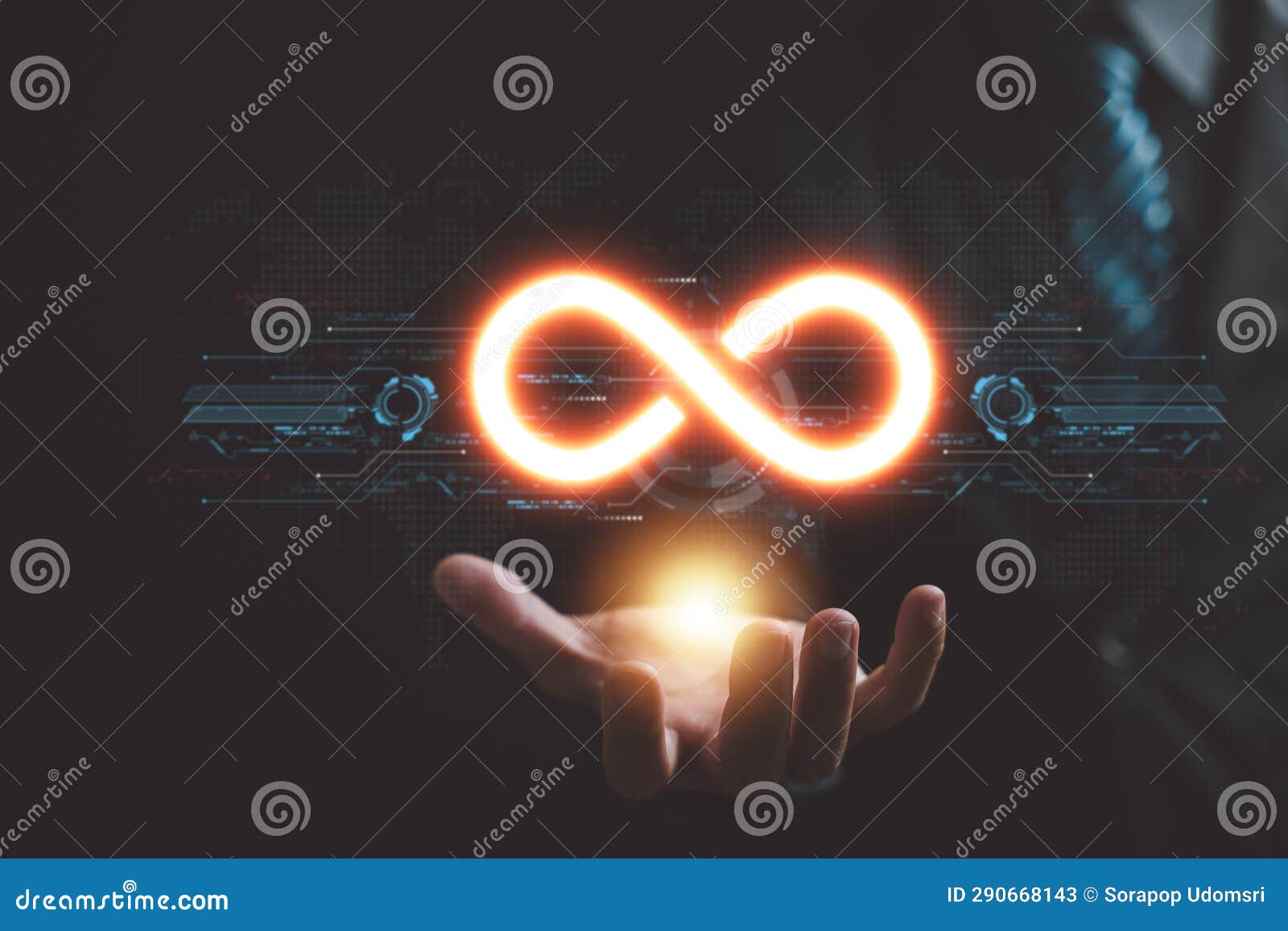 Circular Infinity Symbol in Businessman S Hand on Dark Background Stock ...