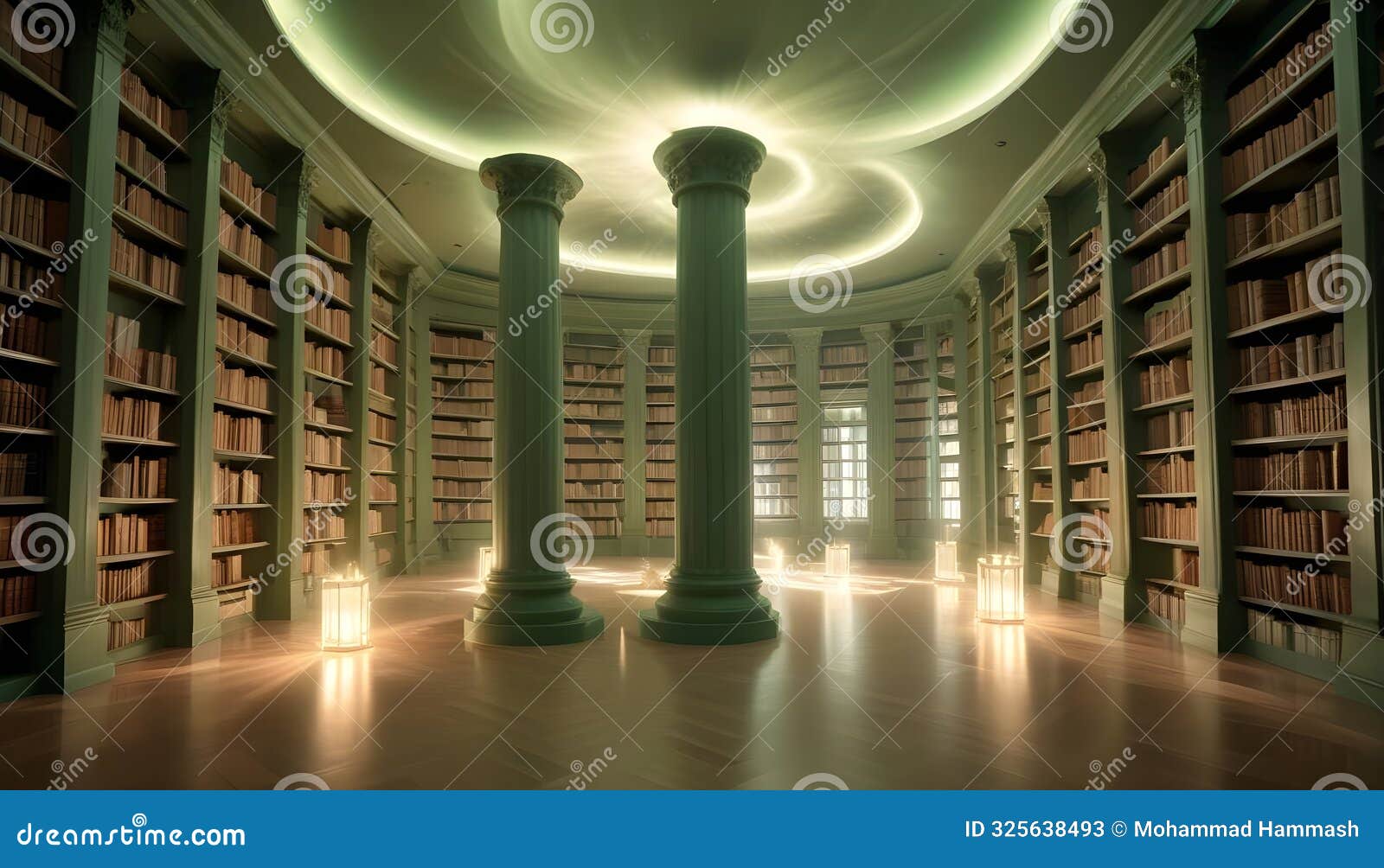 Circular Library Interior with Tall Bookshelves, Classical Columns, and ...