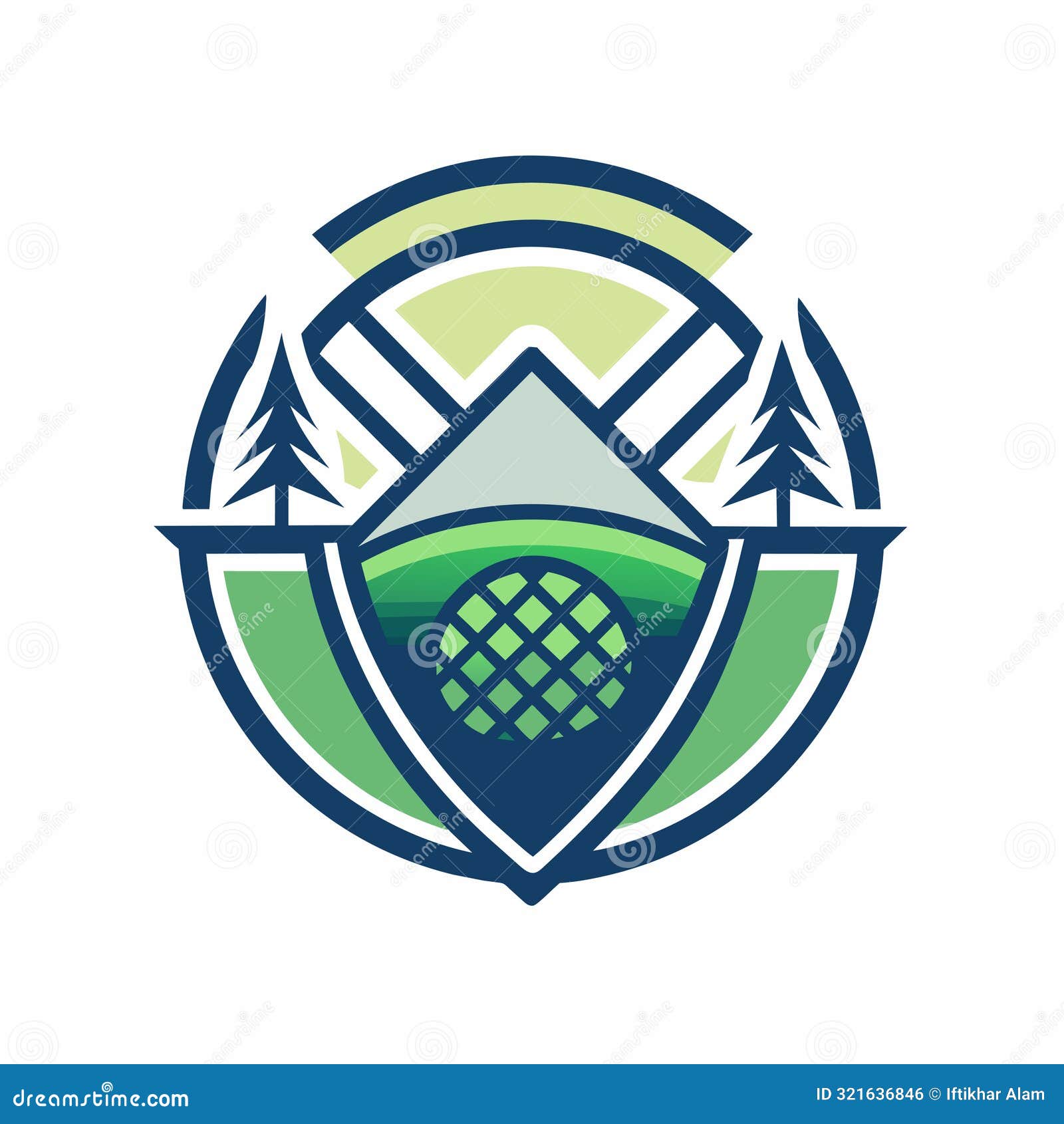 A Circular Logo Design Featuring a Mountain, Trees, and a Golf Ball, a ...
