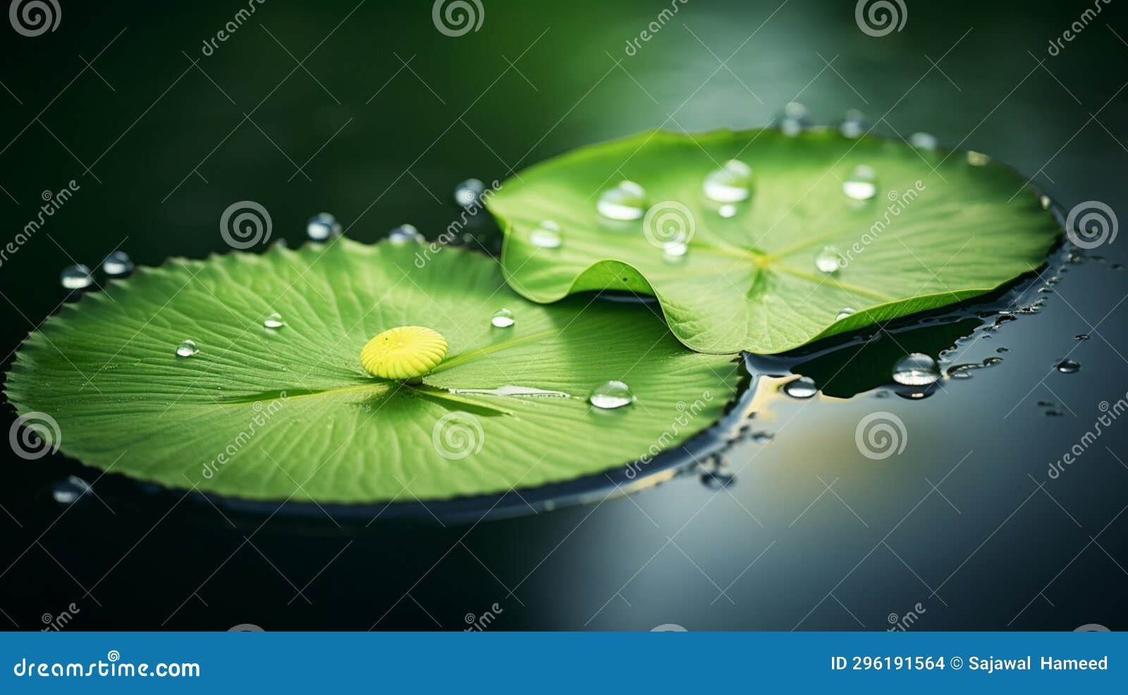 A Circular Lotus Leaf Floating on a Tranquil Pond with Water Droplets ...