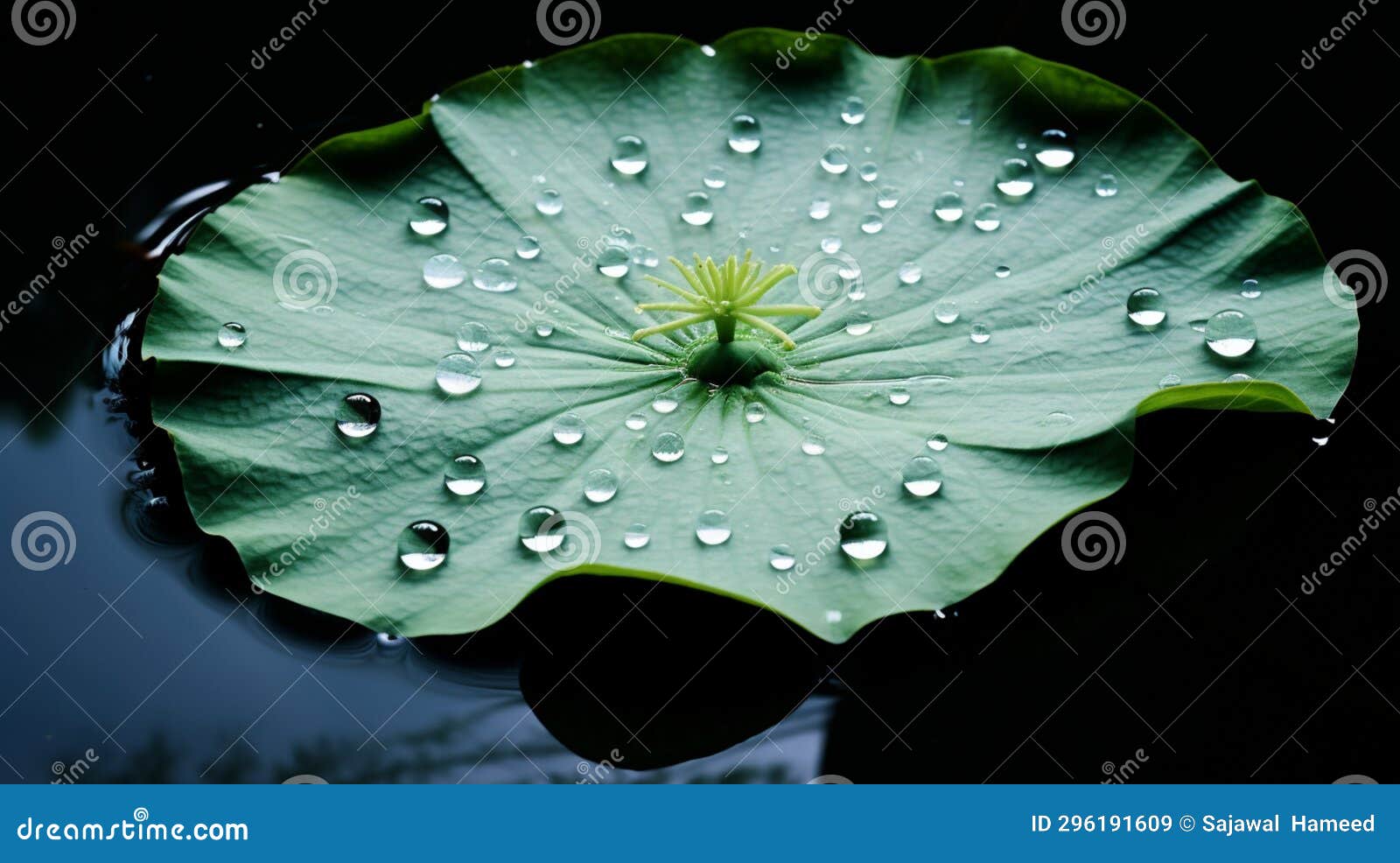 A Circular Lotus Leaf Floating on a Tranquil Pond with Water Droplets ...