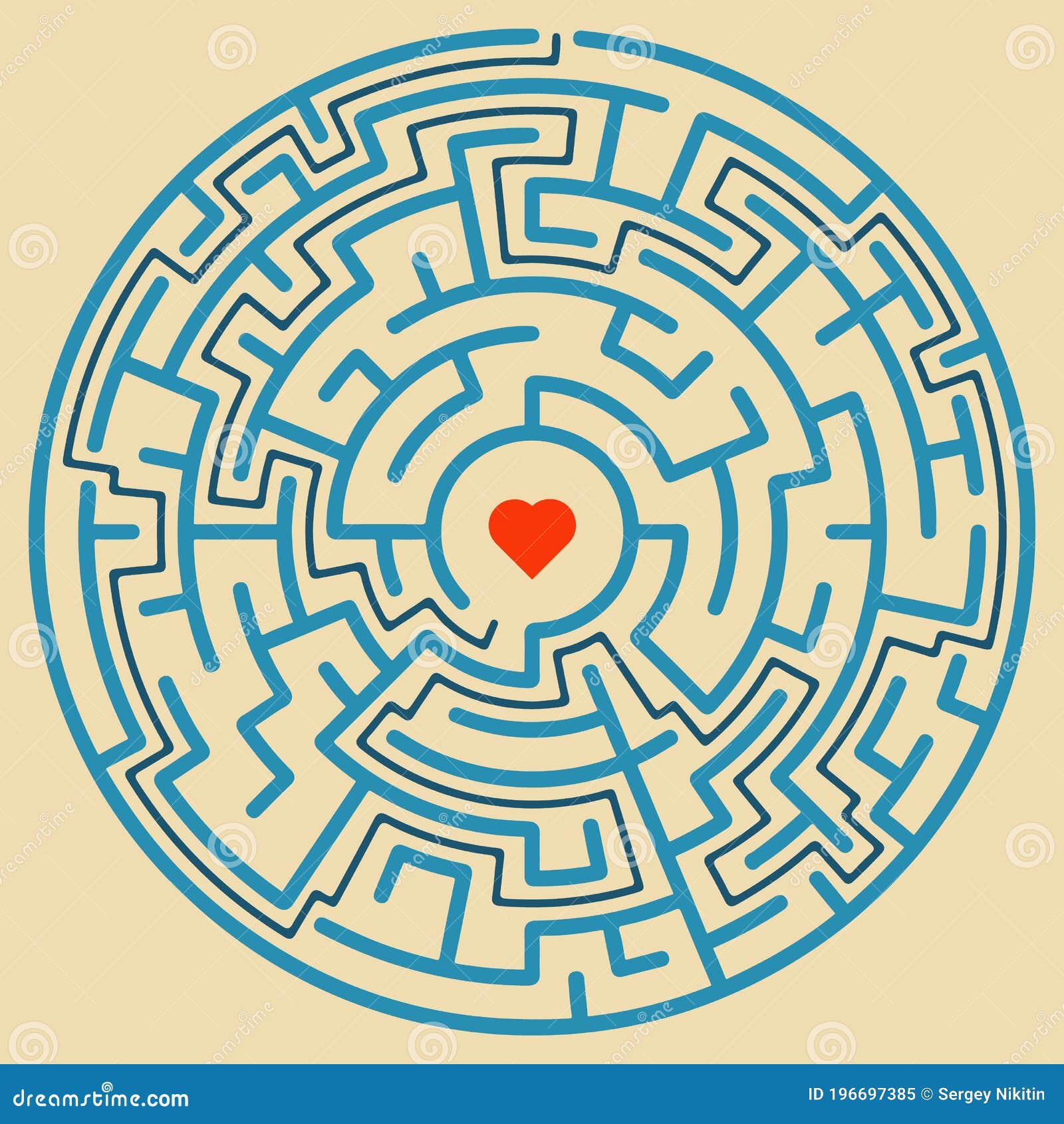 Circular Maze with Way from Center To Exit on Turquoise Blue Background ...