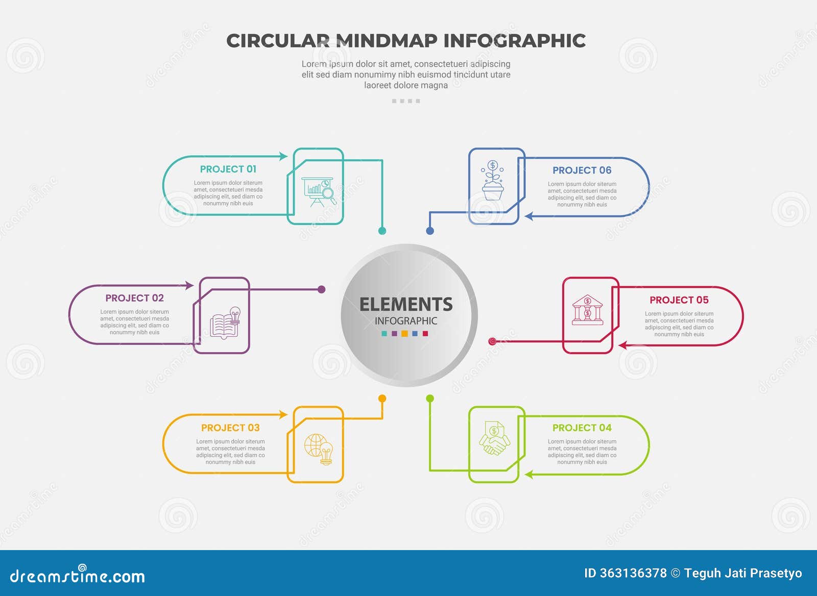 Circular Mind Map Infographic Outline Style With 6 Point Template With Big Circle Centered With ...