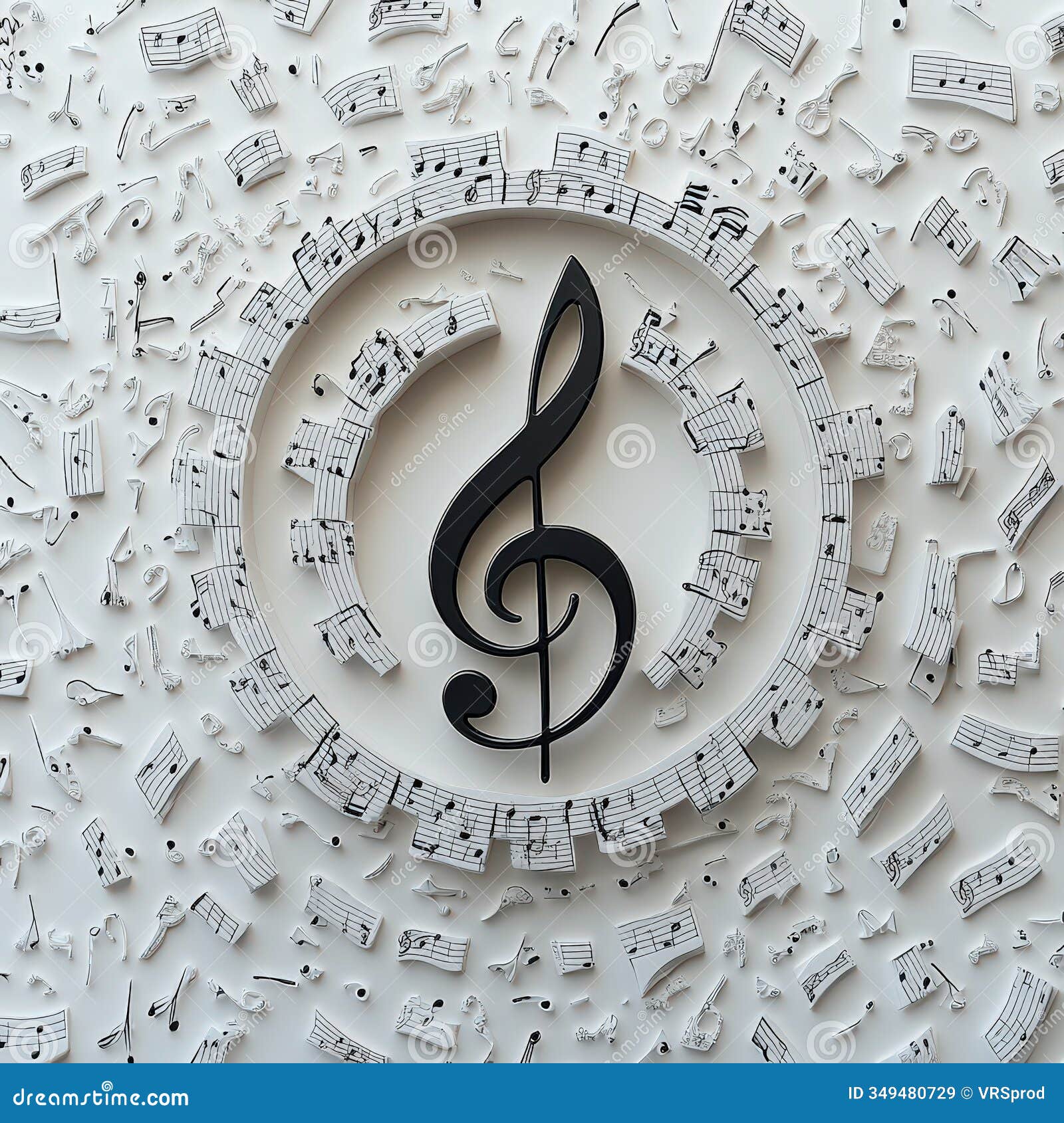 Circular Musical Design with Treble Clef and Scattered Notes Stock ...