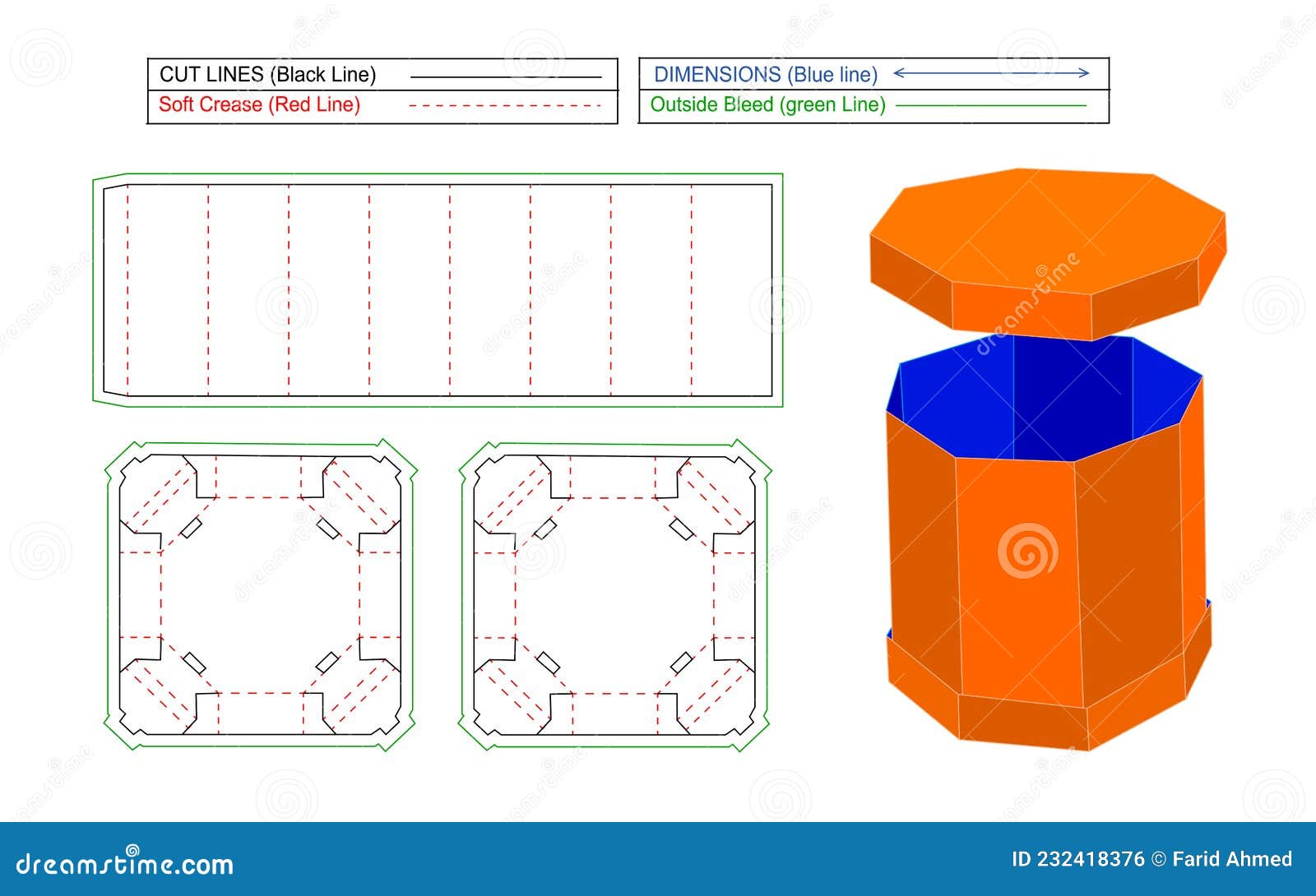 Circular Octagonal Shape 3 Lid Box by without Glued Assemble Dieline ...