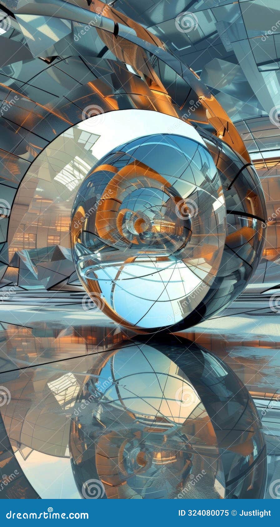A Circular Orb Reflecting a Distorted World of Geometric Shapes and ...