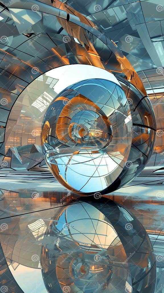 A Circular Orb Reflecting a Distorted World of Geometric Shapes and ...