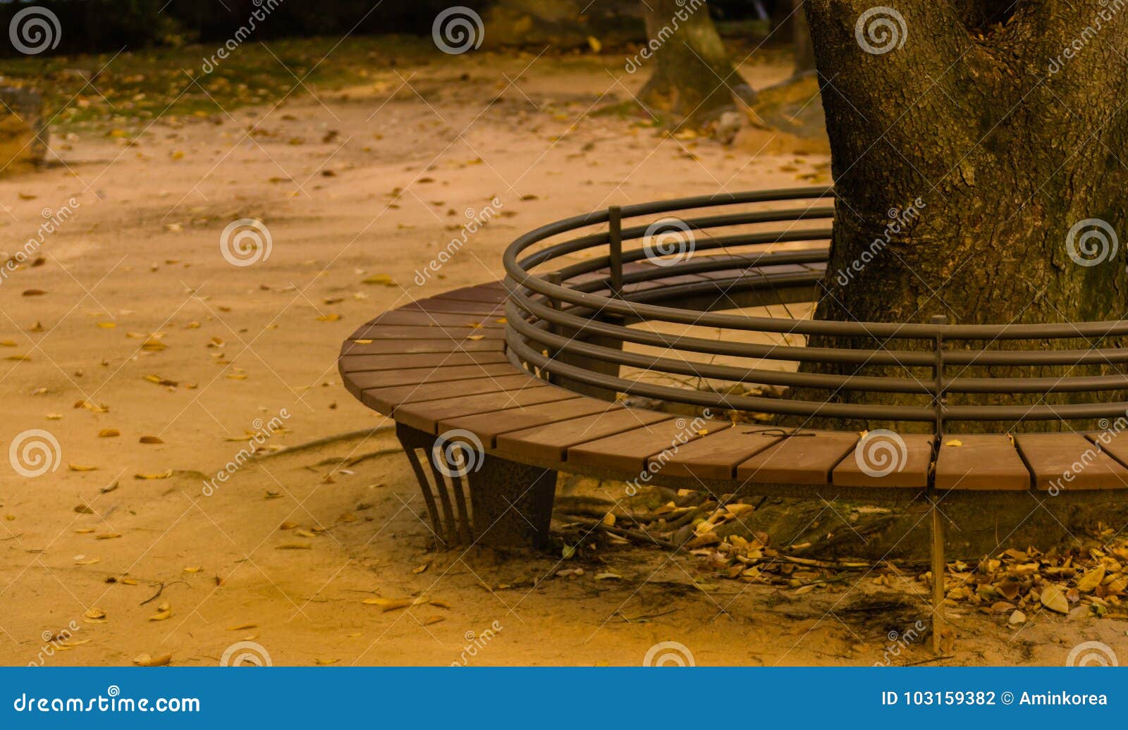 Circular Park Bench with Iron Rail Backrest Around a Large Tree Stock ...