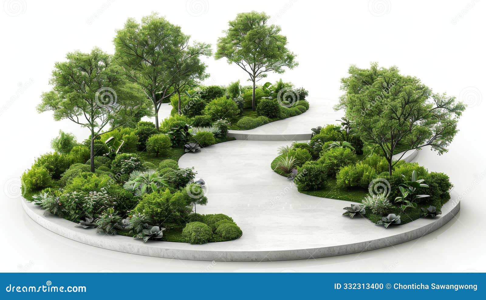 A Circular Patch of Lush Greenery with Trees and Bushes on a White ...