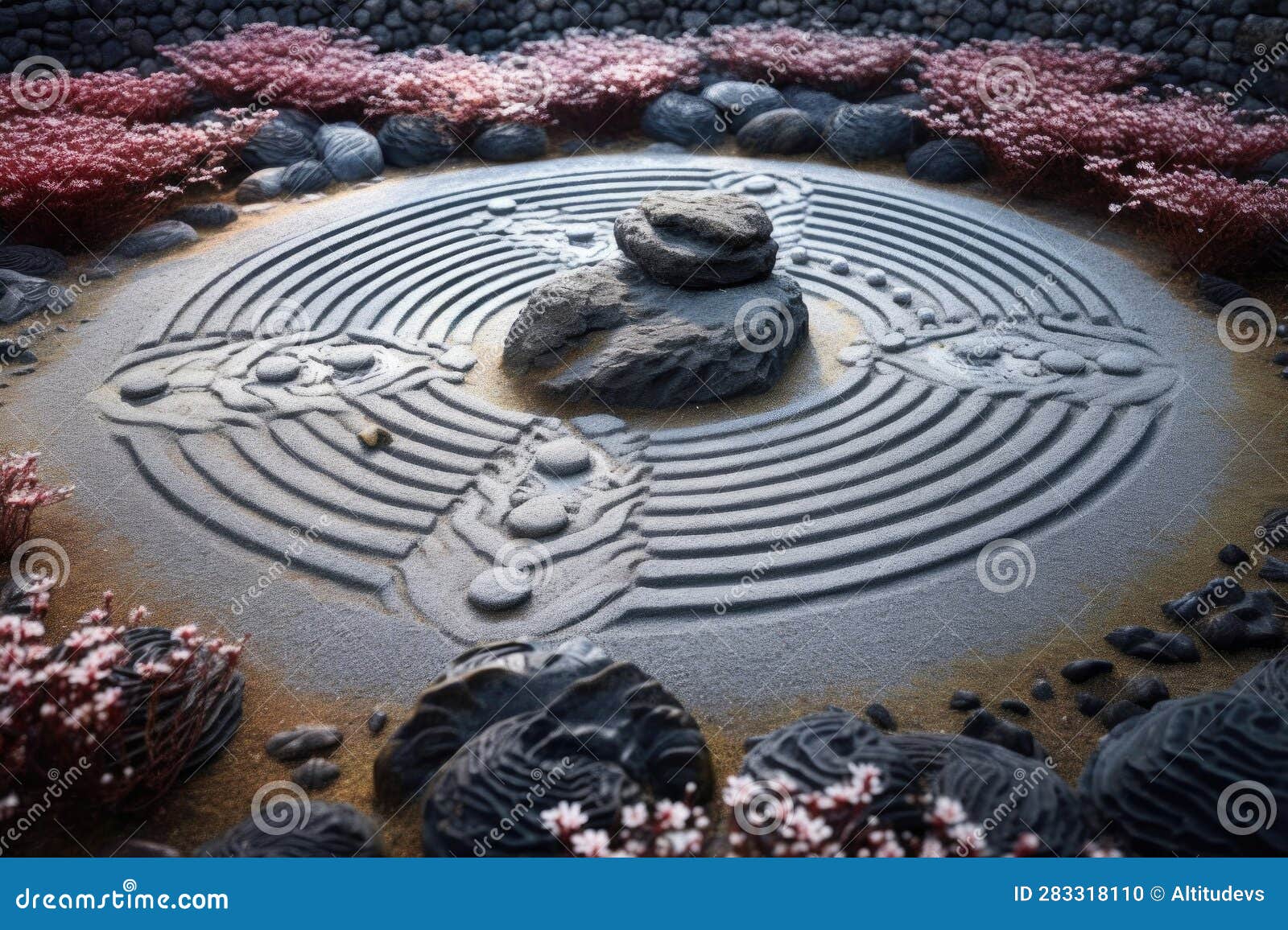 Circular Patterns Around Stones in a Zen Garden Stock Illustration ...