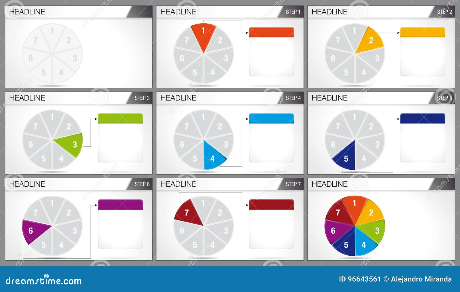 Circular Pie Divided into 7 Equal Parts are Illuminated in Sequence on ...