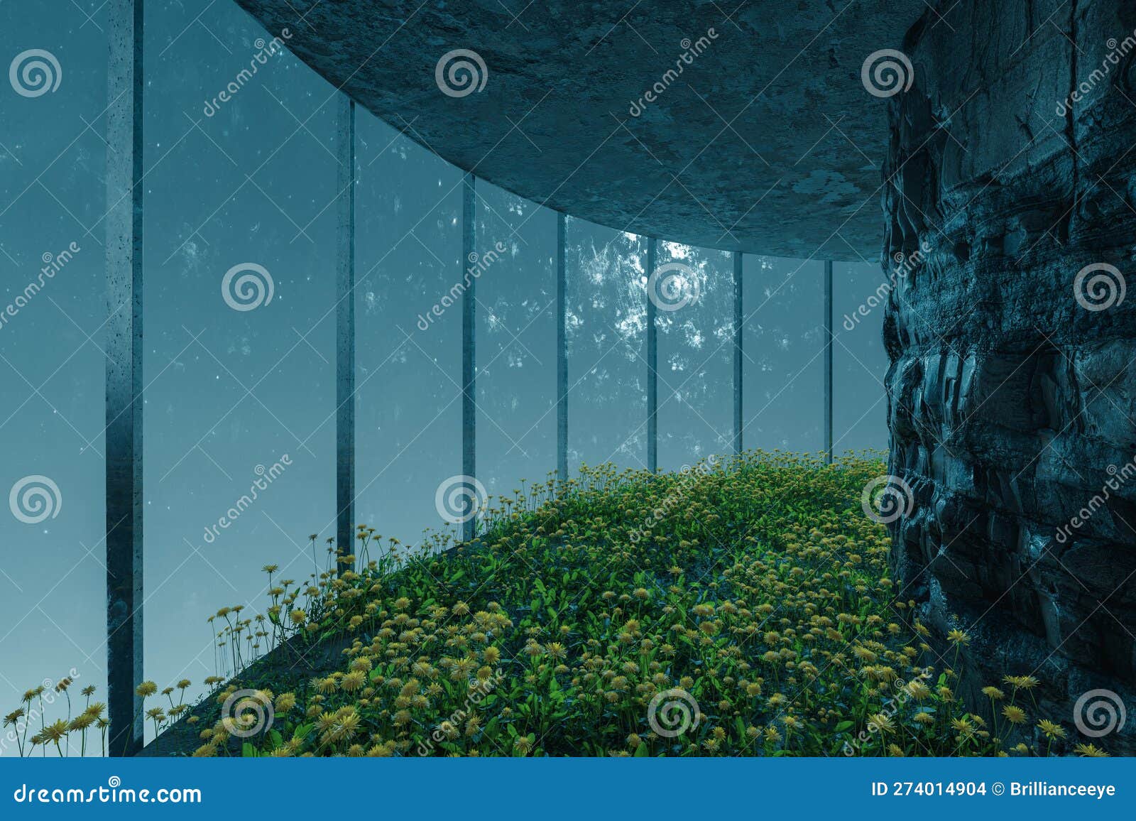 Circular Platform Covered by Dandelion Field in the Night Stock ...