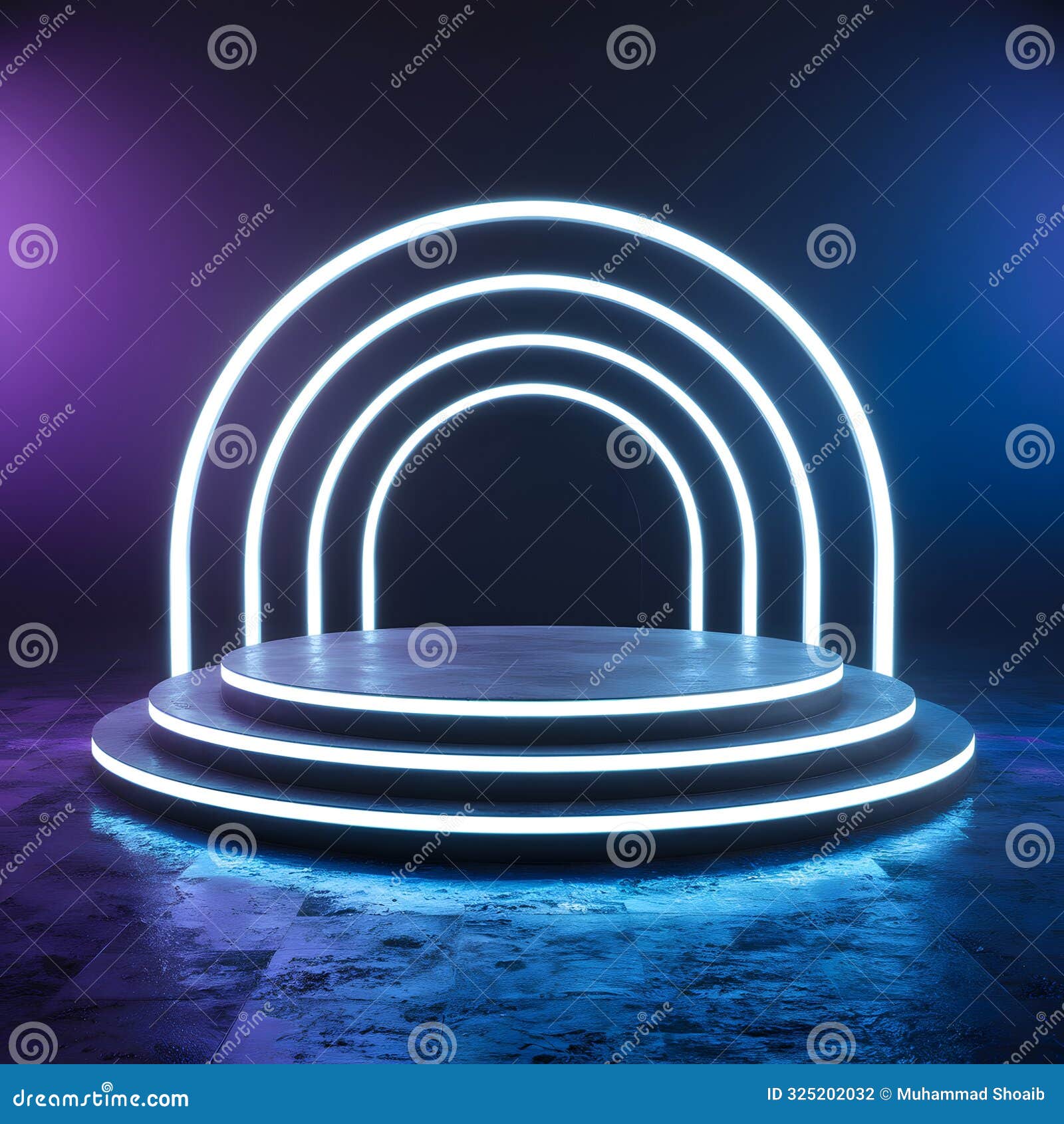 Circular Platform with Neon Lights Surrounded by Illuminated Arches on ...