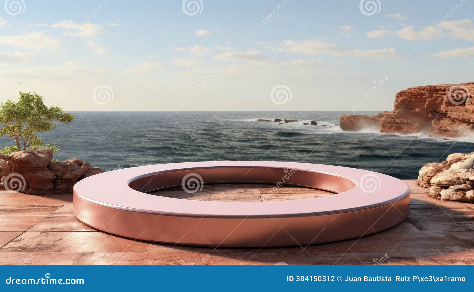 Circular Platform with Ocean View and Palm Trees. Stock Illustration ...