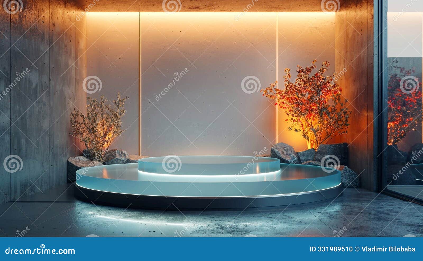 Modern Minimalist Interior Design with Circular Platform and Ambient ...