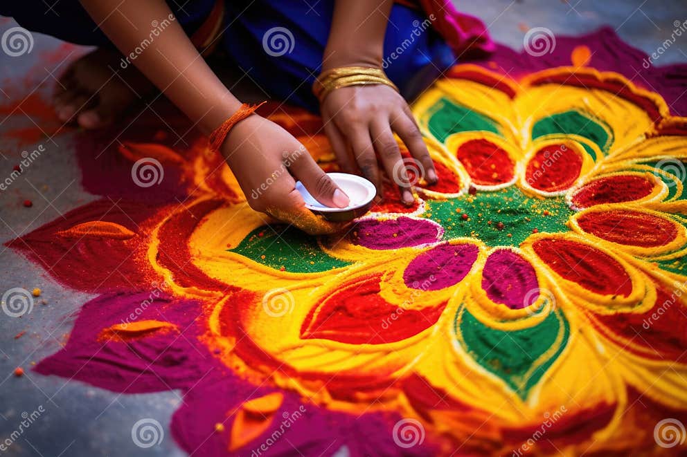 Circular Rangoli Pattern with Complex Shapes on Sandy Ground Stock ...