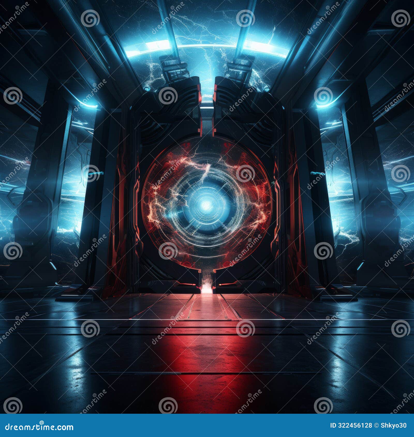 Circular Red and Lightblue Glowing Sci-fi Massive Door in Center of a ...