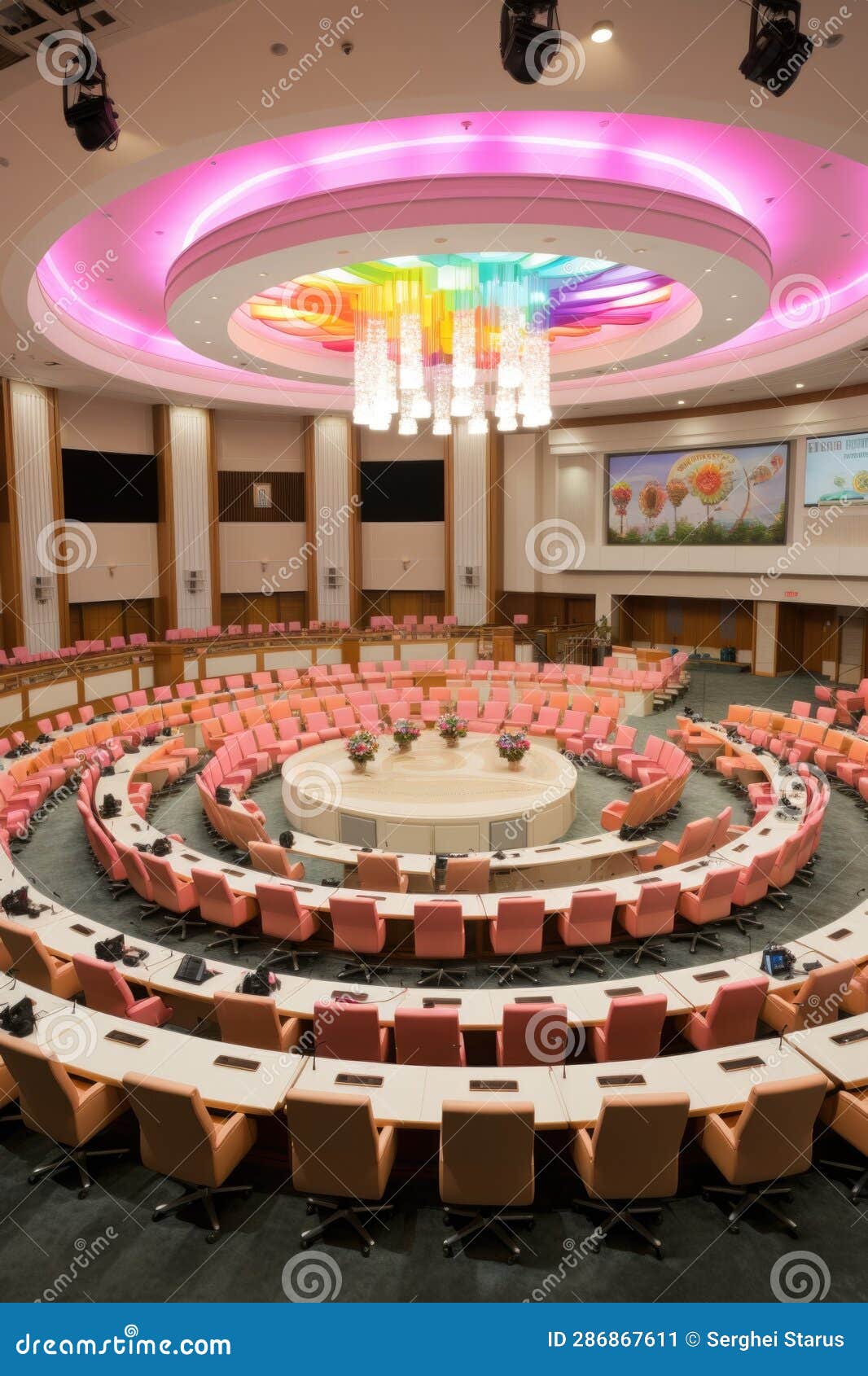 A Circular Room with Chairs and a Large Circular Light. Generative AI ...