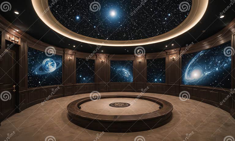 Circular Room with Dome Ceiling and Starry Night Sky Backdrop Features Three Circular Panels ...