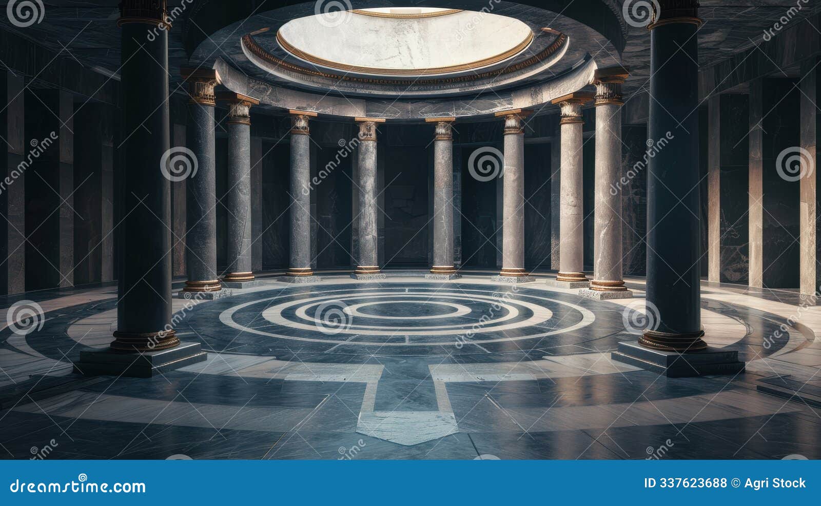 A Circular Room with a Marble Floor and Columns Illuminated by a ...