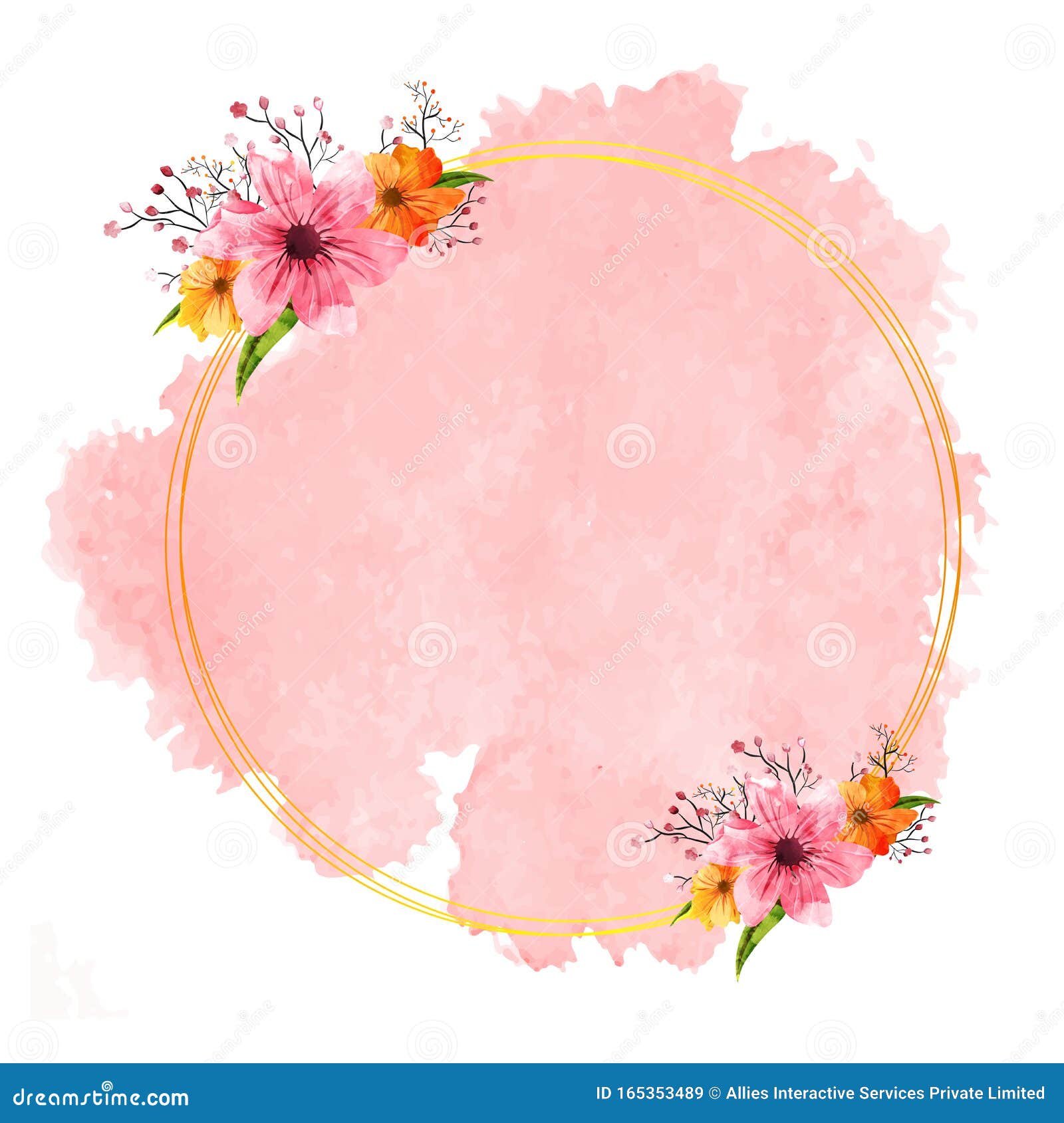 Circular Shape Frame Decorated with Flowers on Pink Watercolor Effect ...