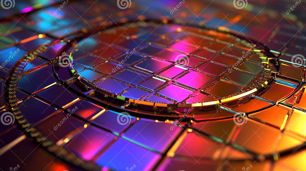 Circular Silicon Wafer with Geometric Grid Patterns and Glowing Accents ...