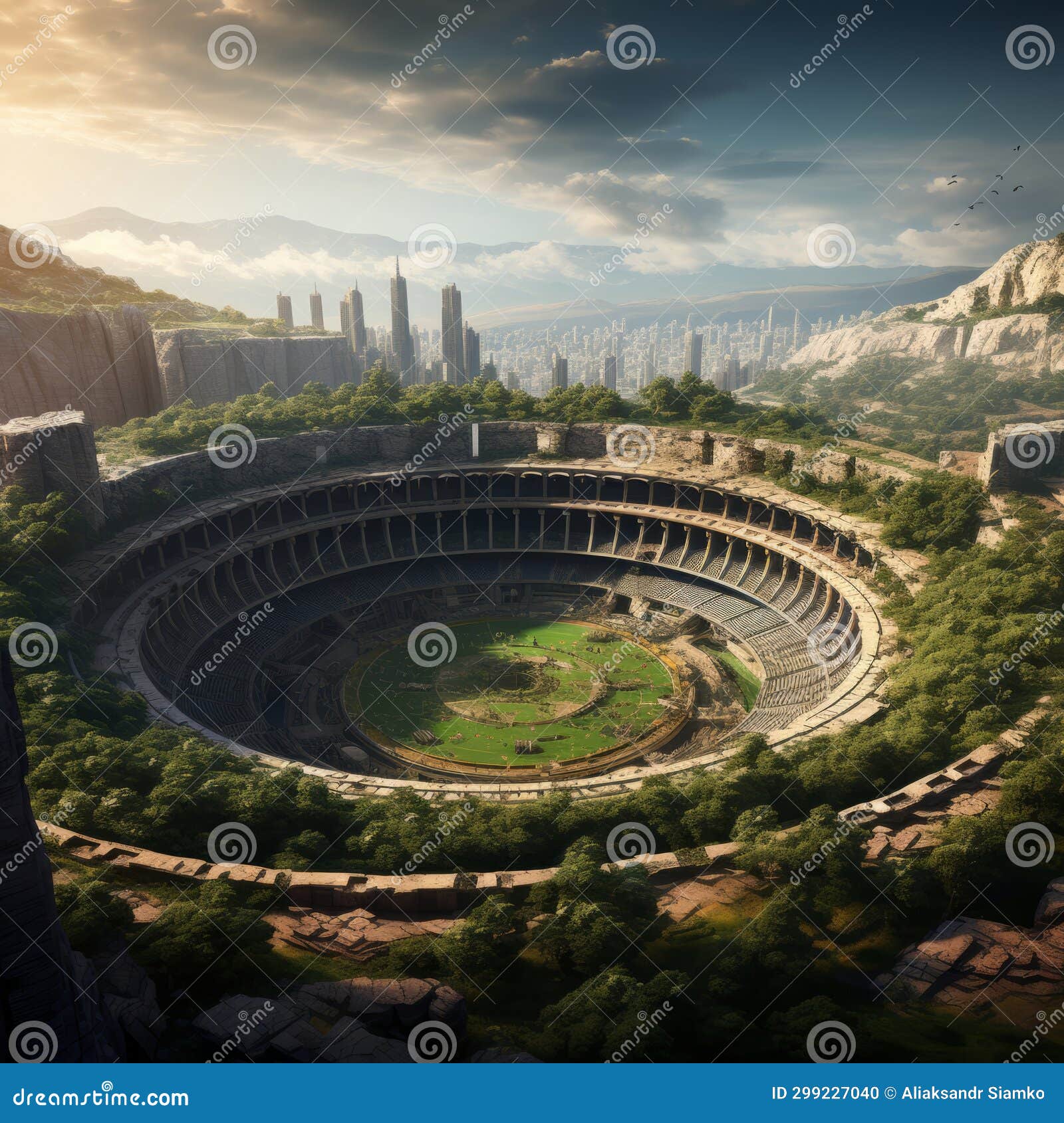 A Circular Stadium with a Green Field Surrounded by Trees Stock Photo ...