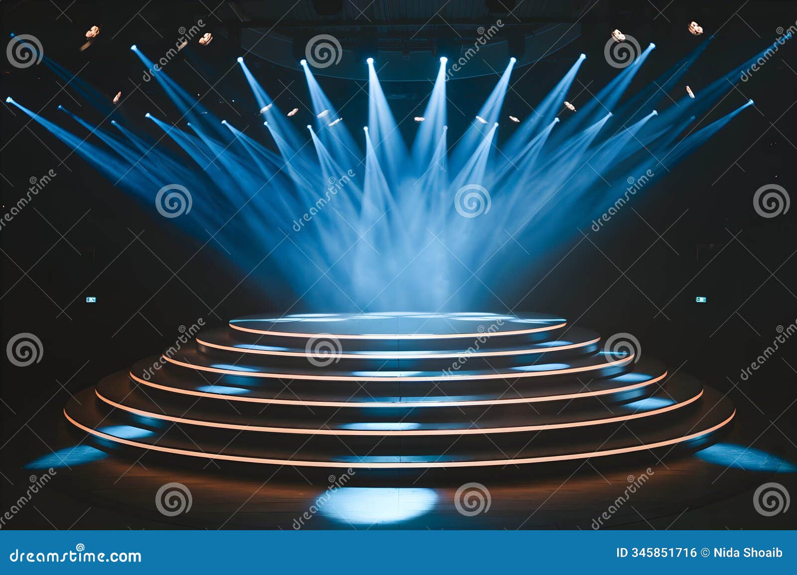 Circular Stage Under Blue Spotlights, Multi-tiered Platform Adding ...