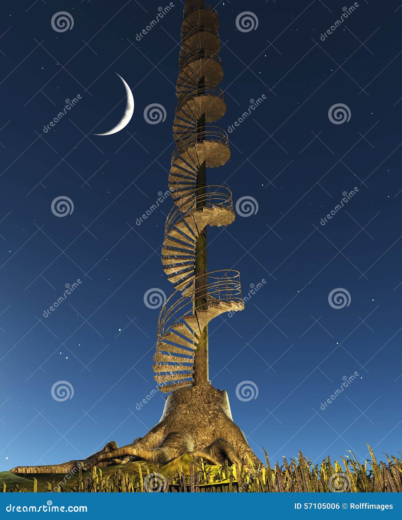 Circular Staircase Rises into Twilight Sky Stock Illustration ...
