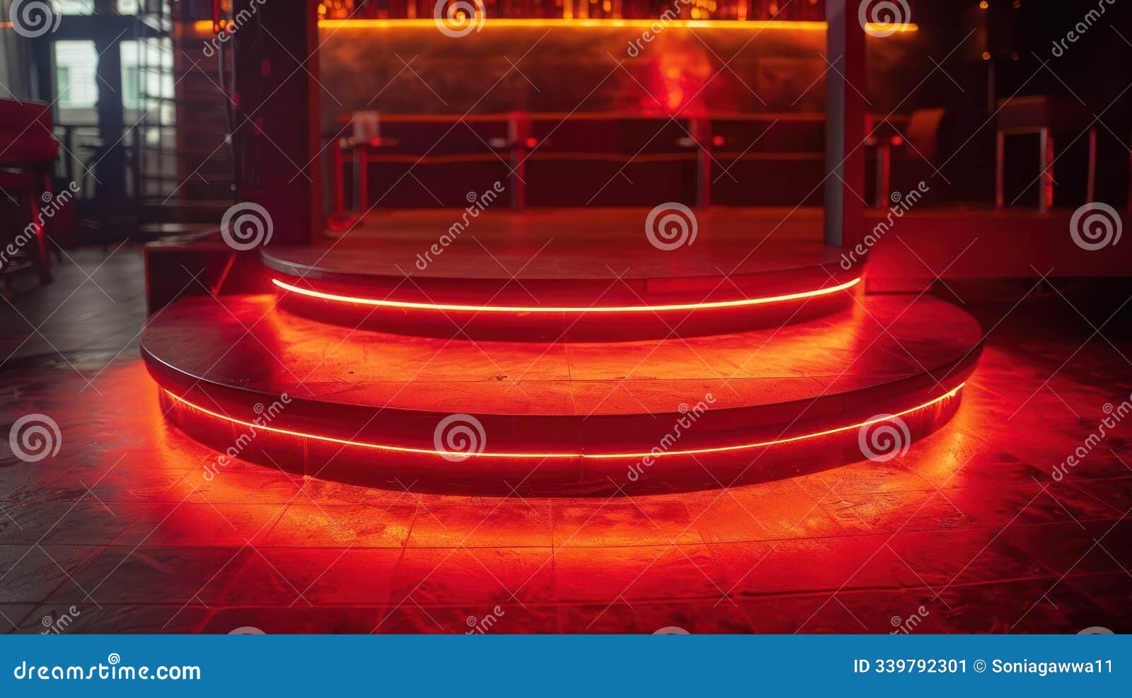 Circular Steps with Red Neon Lights in a Dark Bar Stock Illustration ...