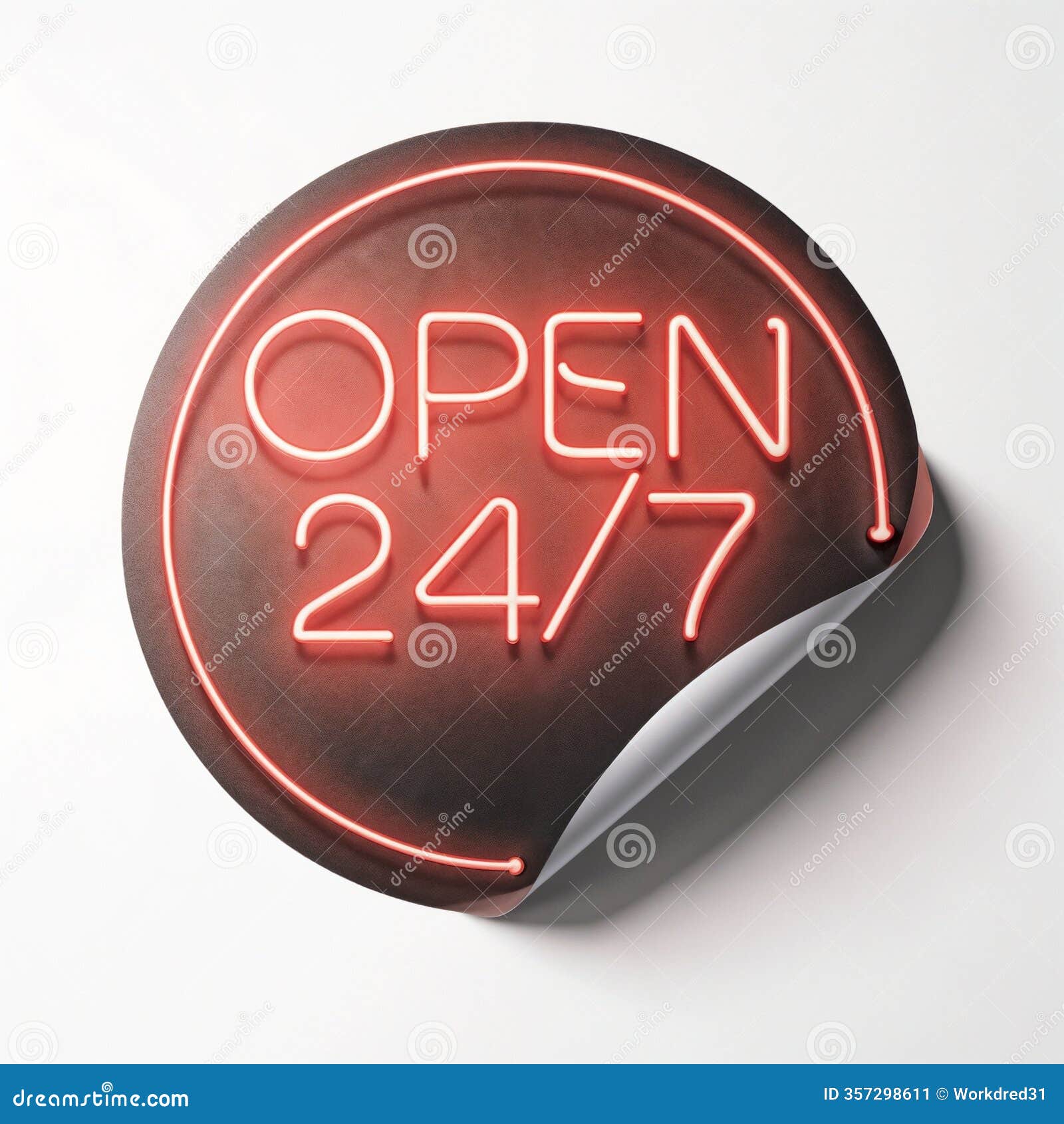 Circular Sticker Design with Neon Open 24 or 7 Text and Peeled Corner ...