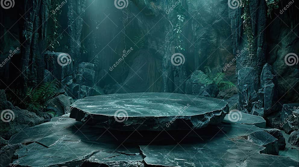A Circular Stone Platform in a Mystical Cave Setting with Lush Greenery ...