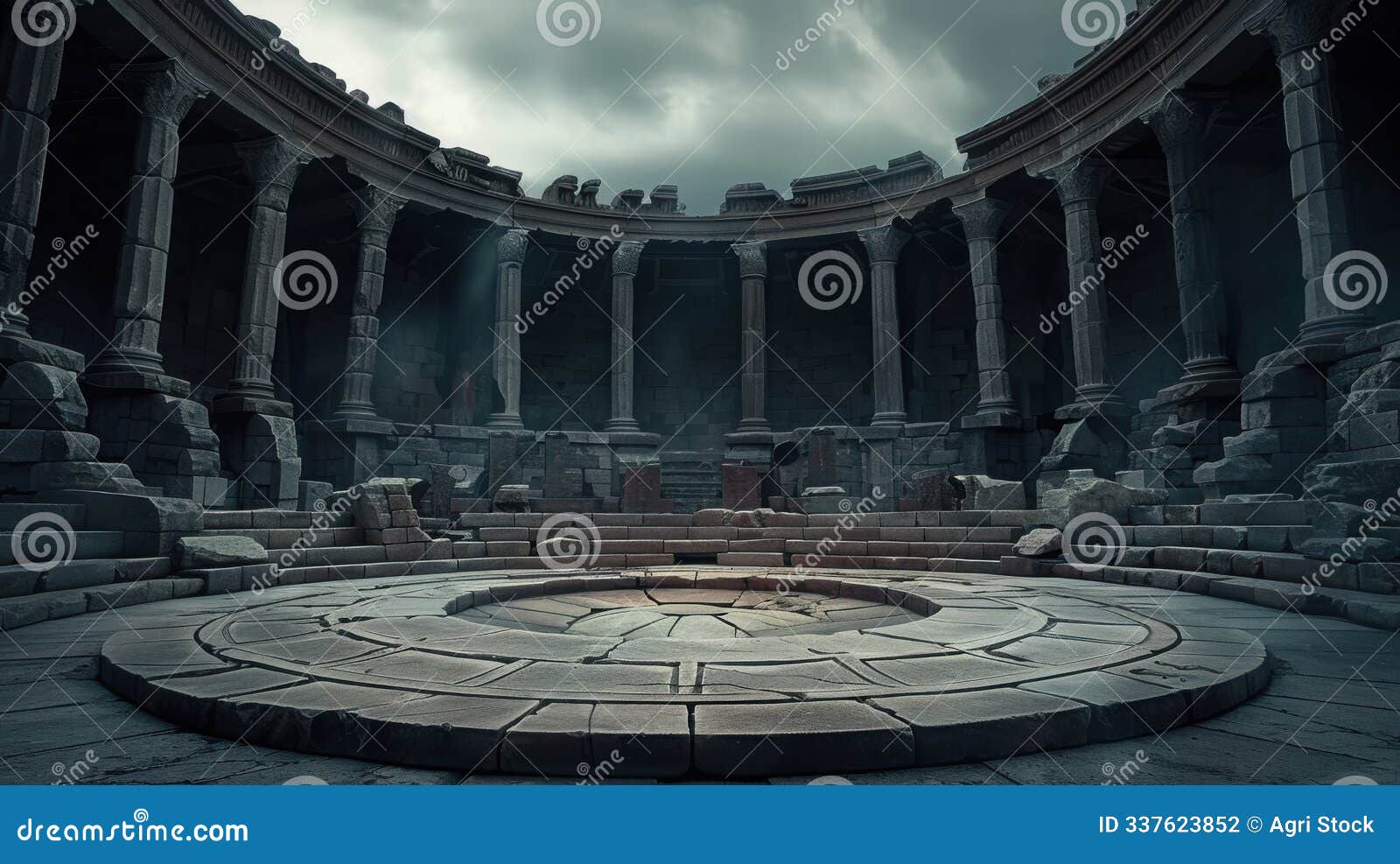 A Circular Stone Platform Surrounded by Pillars in a Dimly Lit ...