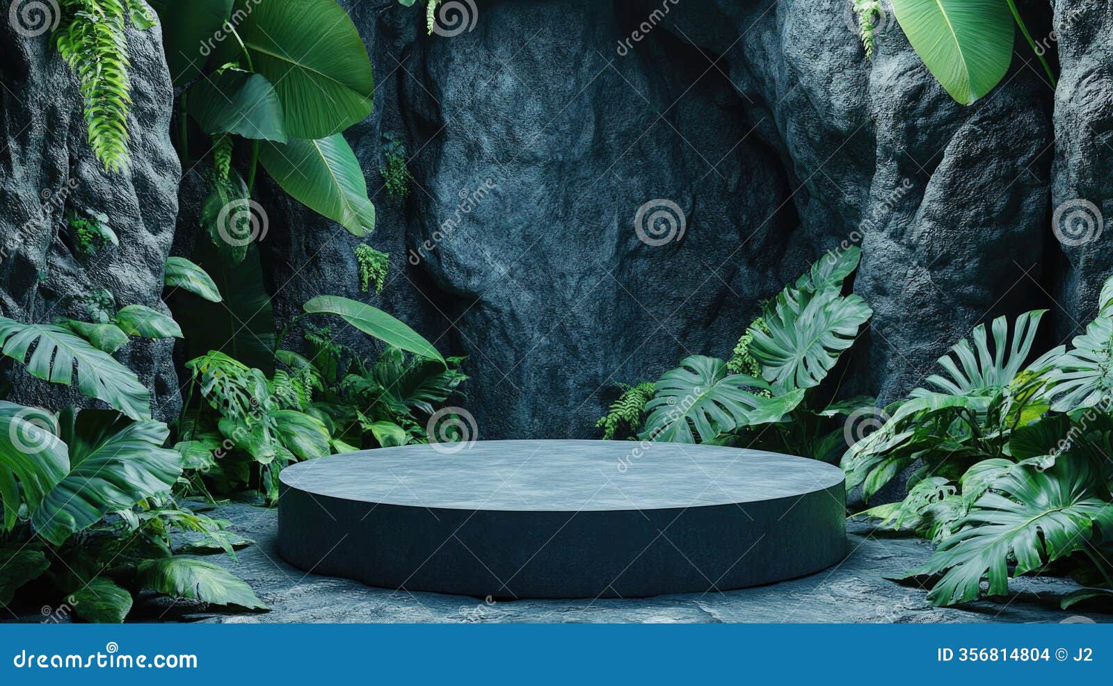 Circular Stone Platform in Tropical Jungle Cave with Lush Green Foliage ...