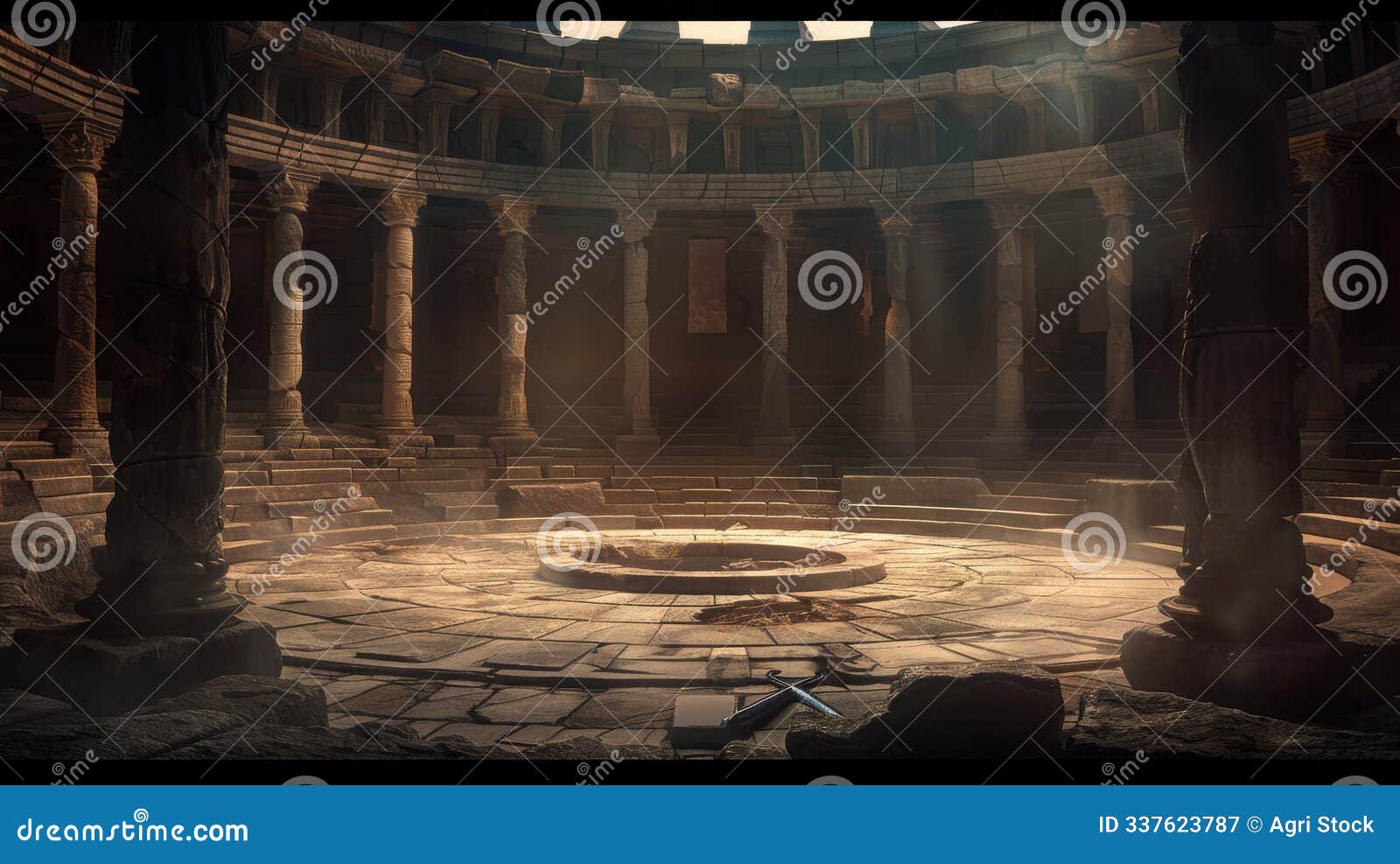 A Circular Stone Structure with Pillars and a Central Platform Bathed ...