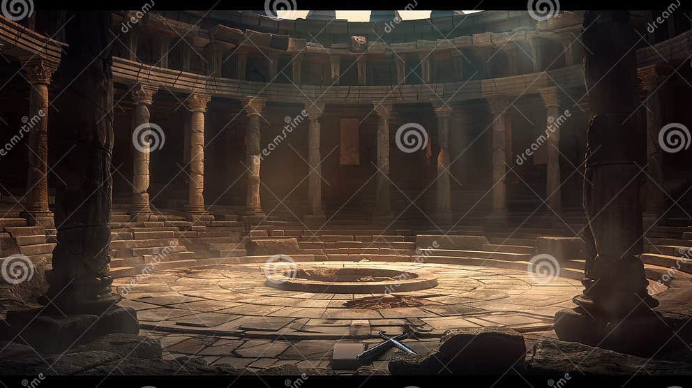 A Circular Stone Structure with Pillars and a Central Platform Bathed ...