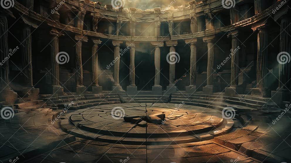 A Circular Stone Structure with Pillars Stands in Ruins Bathed in Soft ...