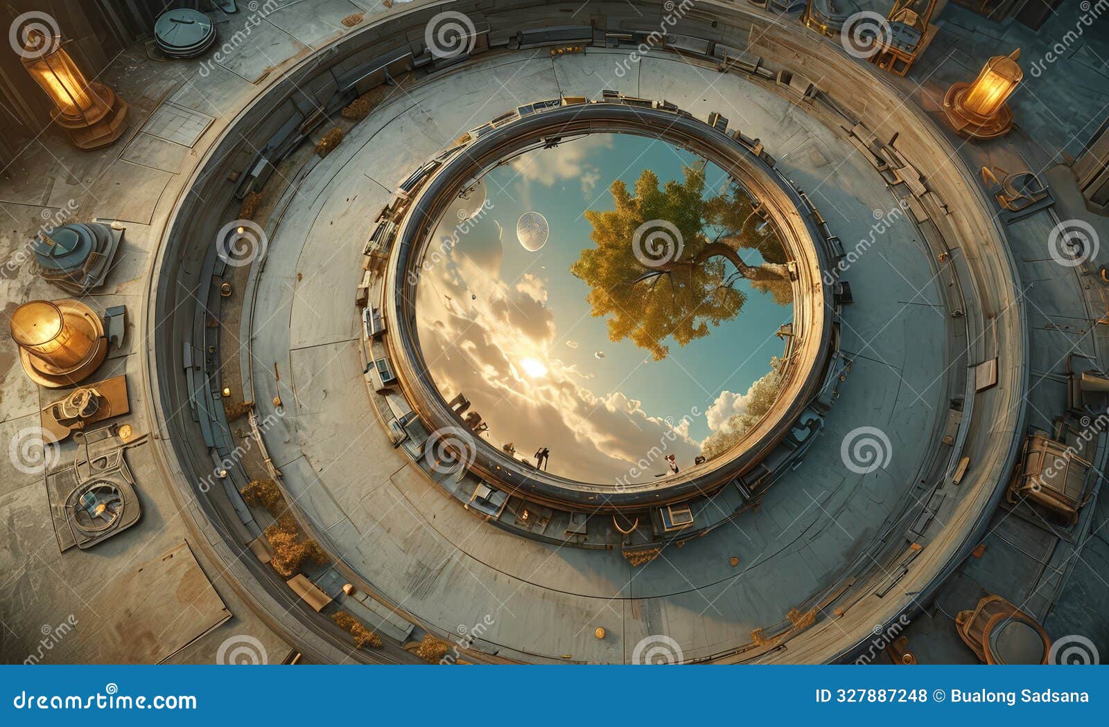 A Sci-fi Circular Structure And Luminary Isolated Glowing With A Blue ...