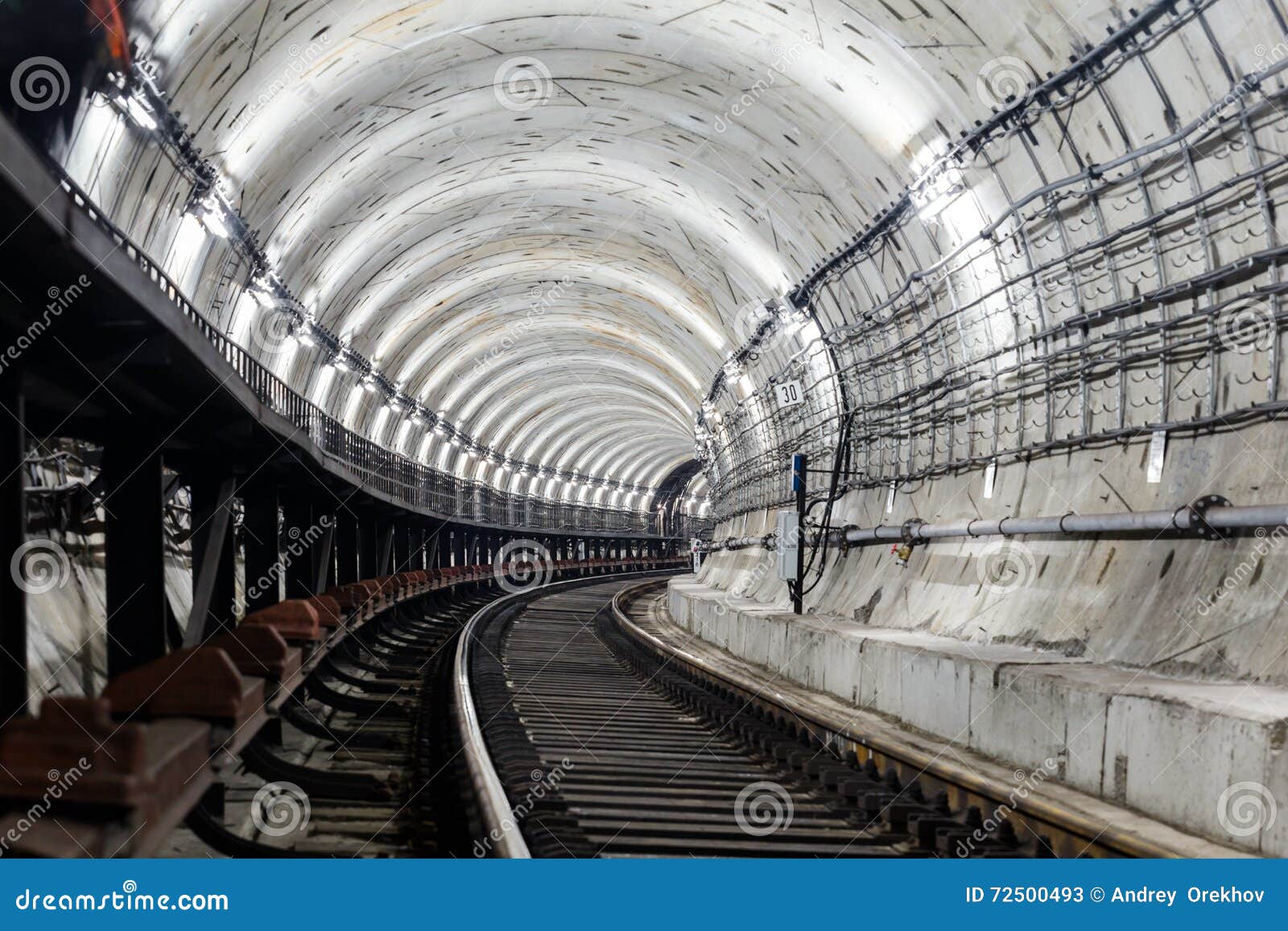 Circular Tunnel Subway Rails and Sleepers Turns Right and is ...