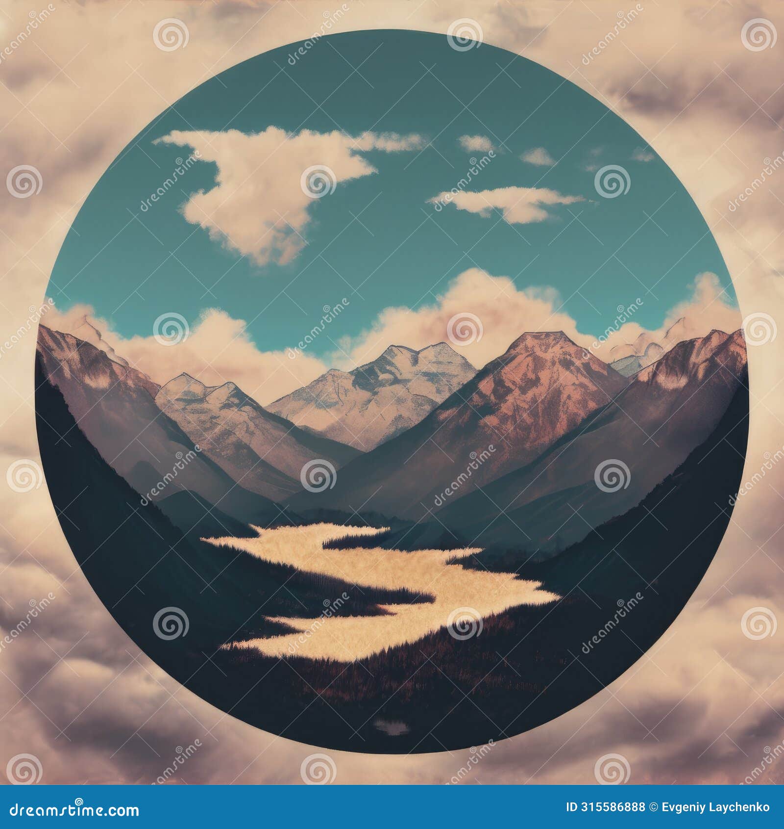Circular View of Snow-Capped Mountain Range and Reflective River at ...