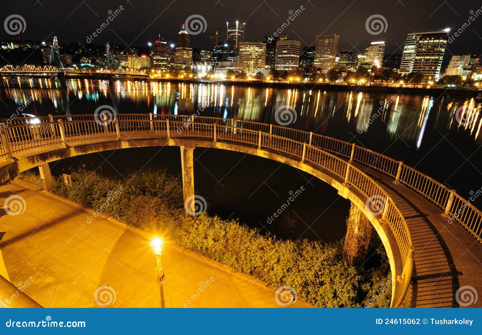 Circular Walkway And City View In Night Time Stock Photo ...