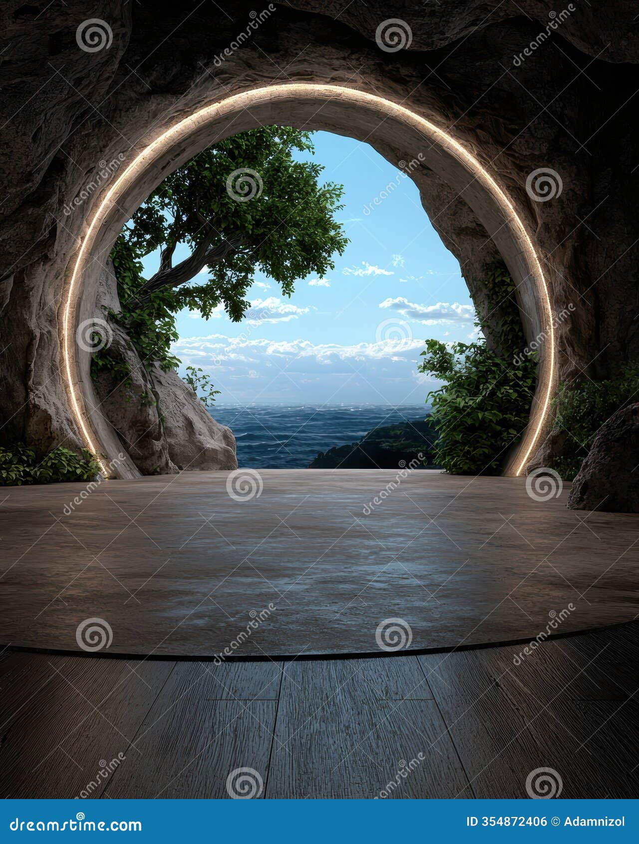 Circular Window in a Cave Overlooking the Ocean Stock Illustration ...